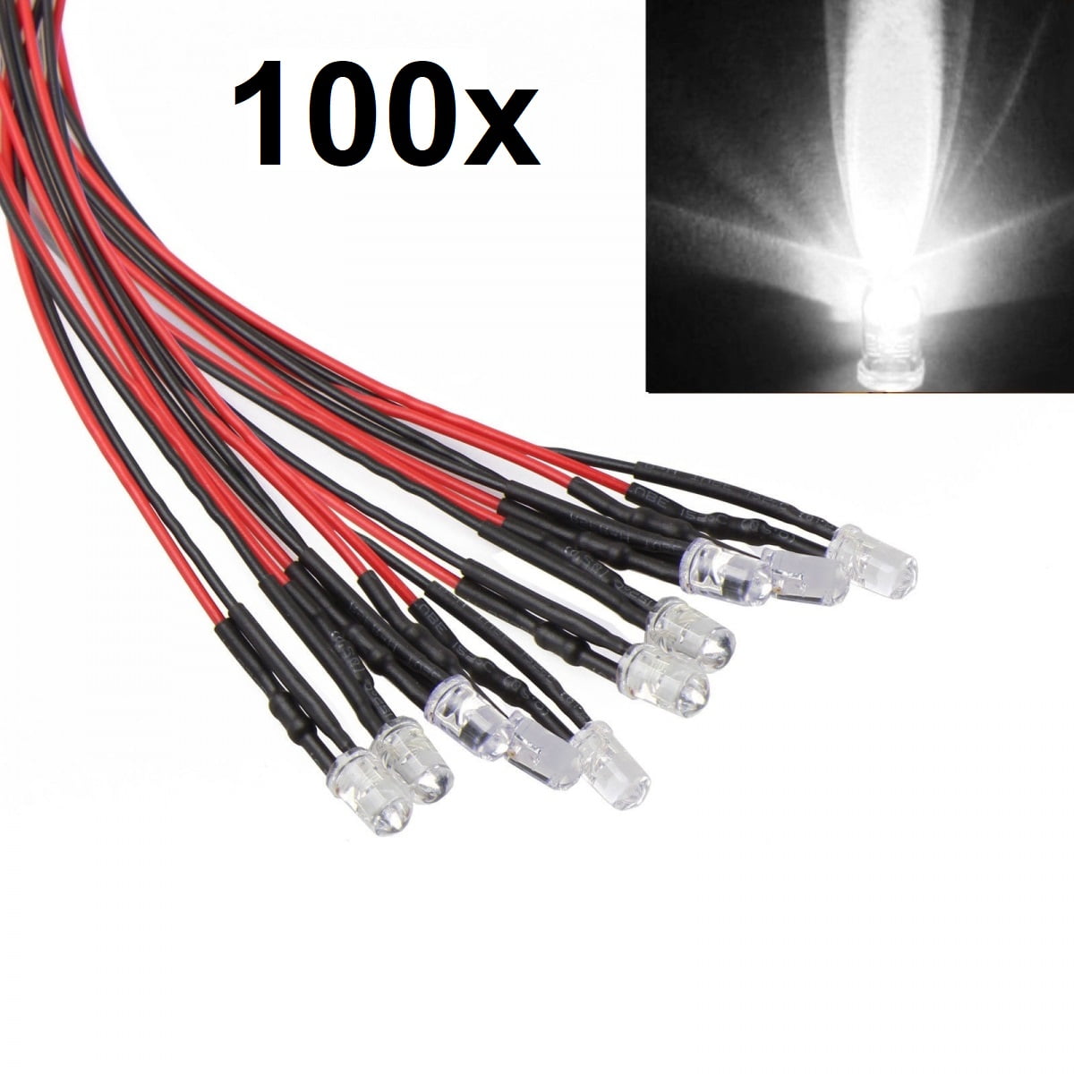 100x White LED Light Single Bulb Pre-Wired 5V-12V 5mm Bright Round Top ...