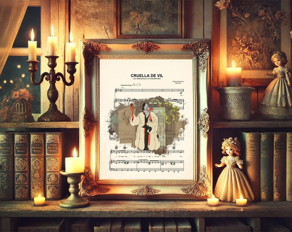 101 Dalmatians Cruella De Vil Sheet Music Art Print ,Decor For Living ...