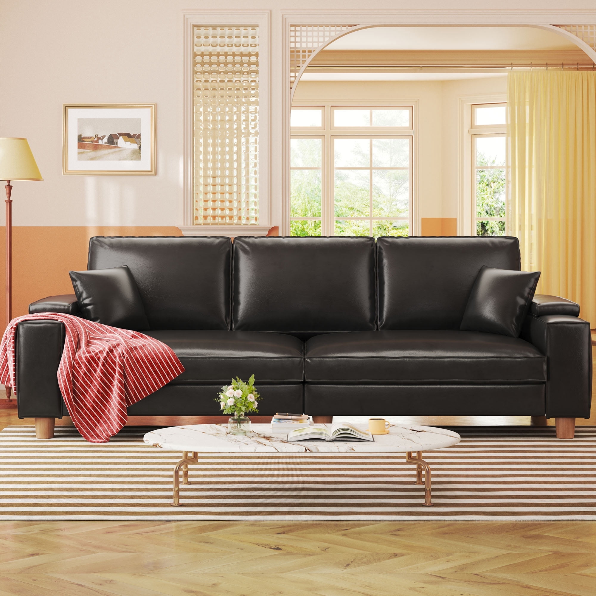 101" Large PU Leather Sofa Couch, Spring Cushion Modern Couch with 24 ...