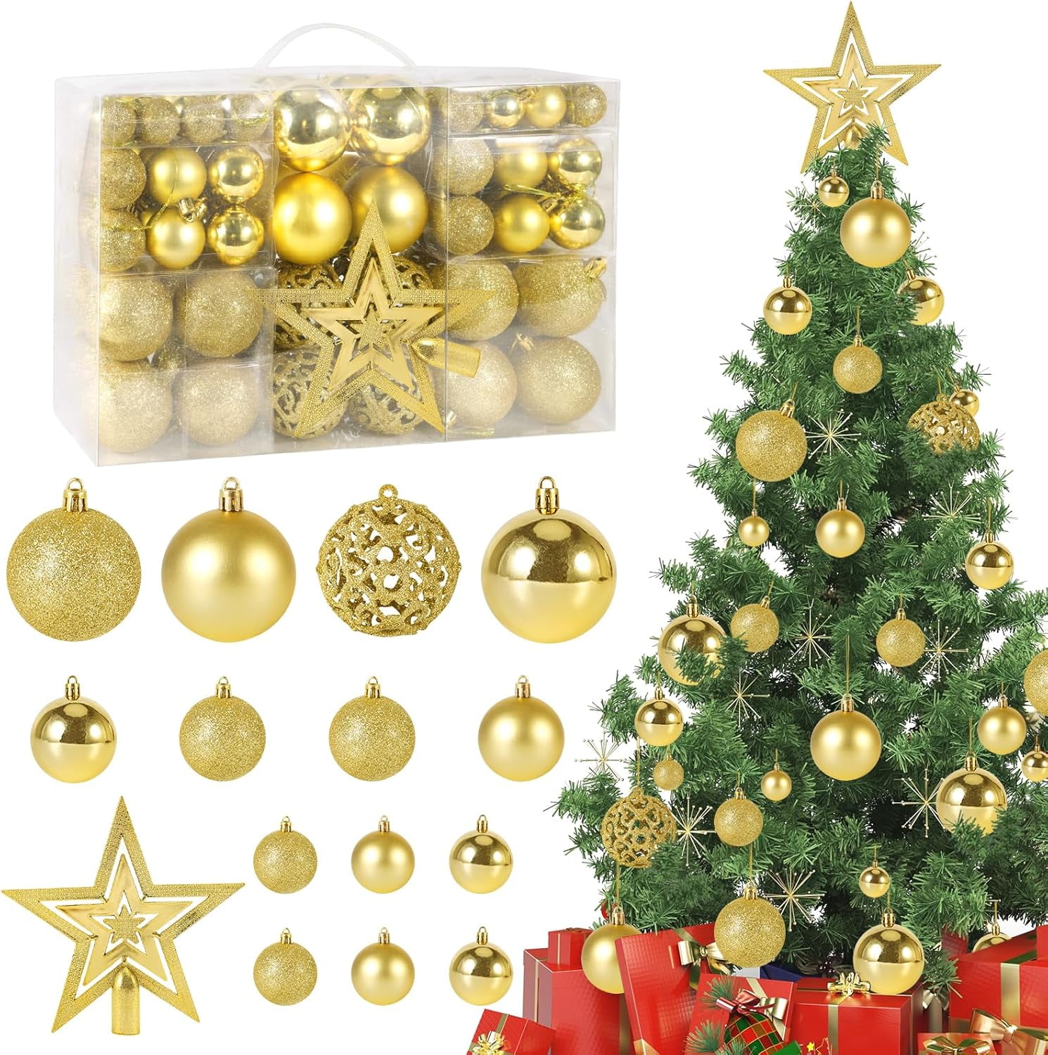 101 Pcs Christmas Balls Ornaments Set with Tree Topper Decoration ...