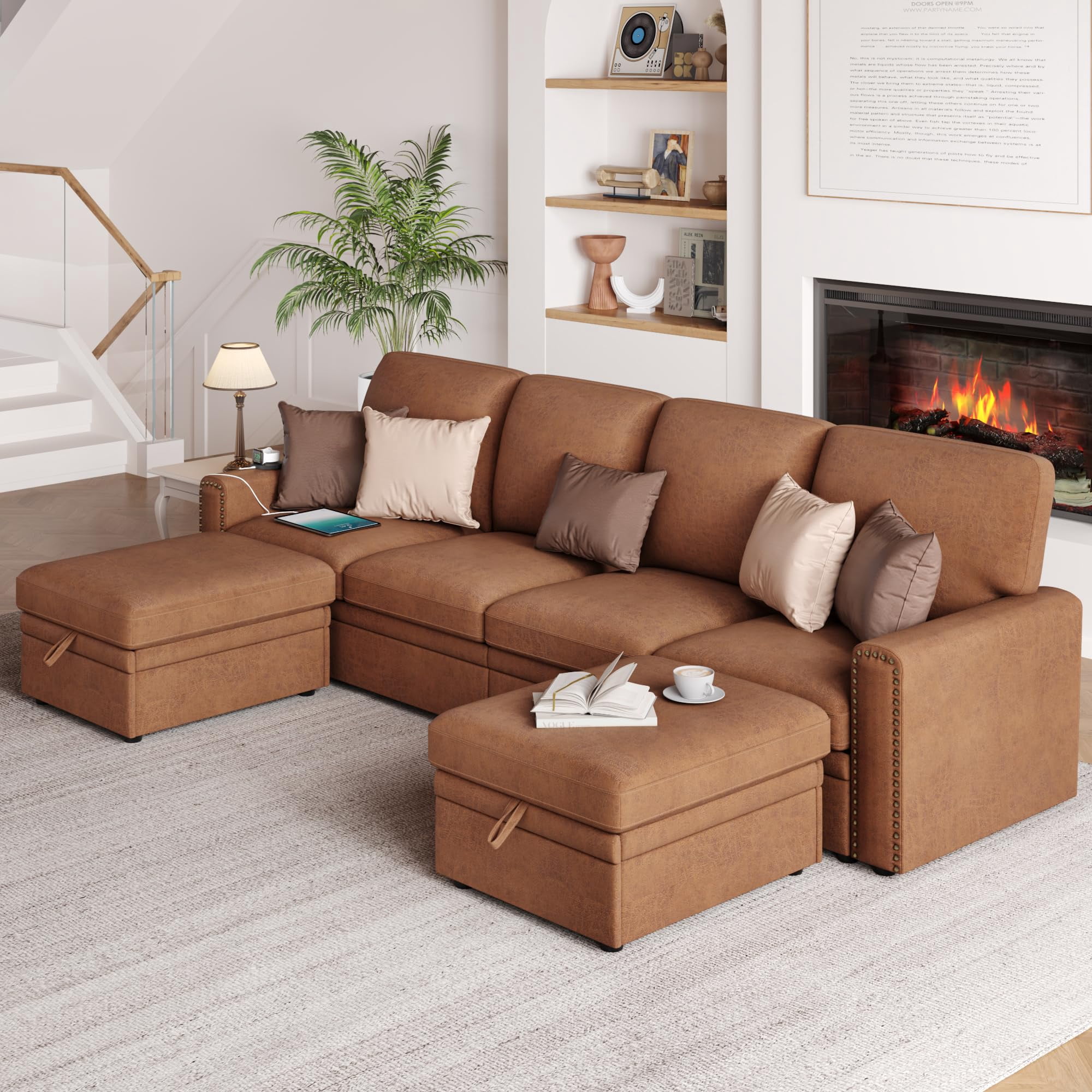 101" W Sectional Sofa with Storage Seats and USB Ports, 6 Seater U ...