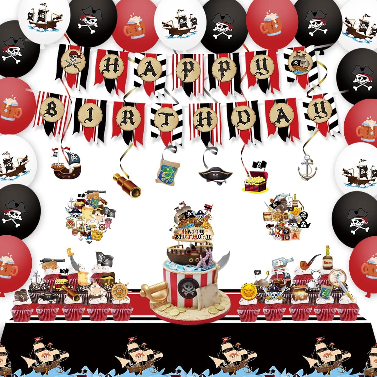 101PCS Pirate Theme Party Supplies Set Birthday Banner Balloons Hanging ...