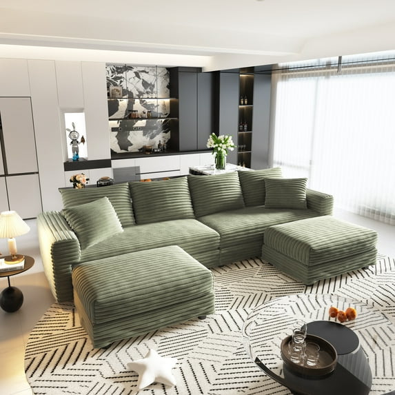102.4'' Oversized Corduroy Couch, Modular Sectional Sofa with 2 Ottomans, Upholstered 4 Deep ...