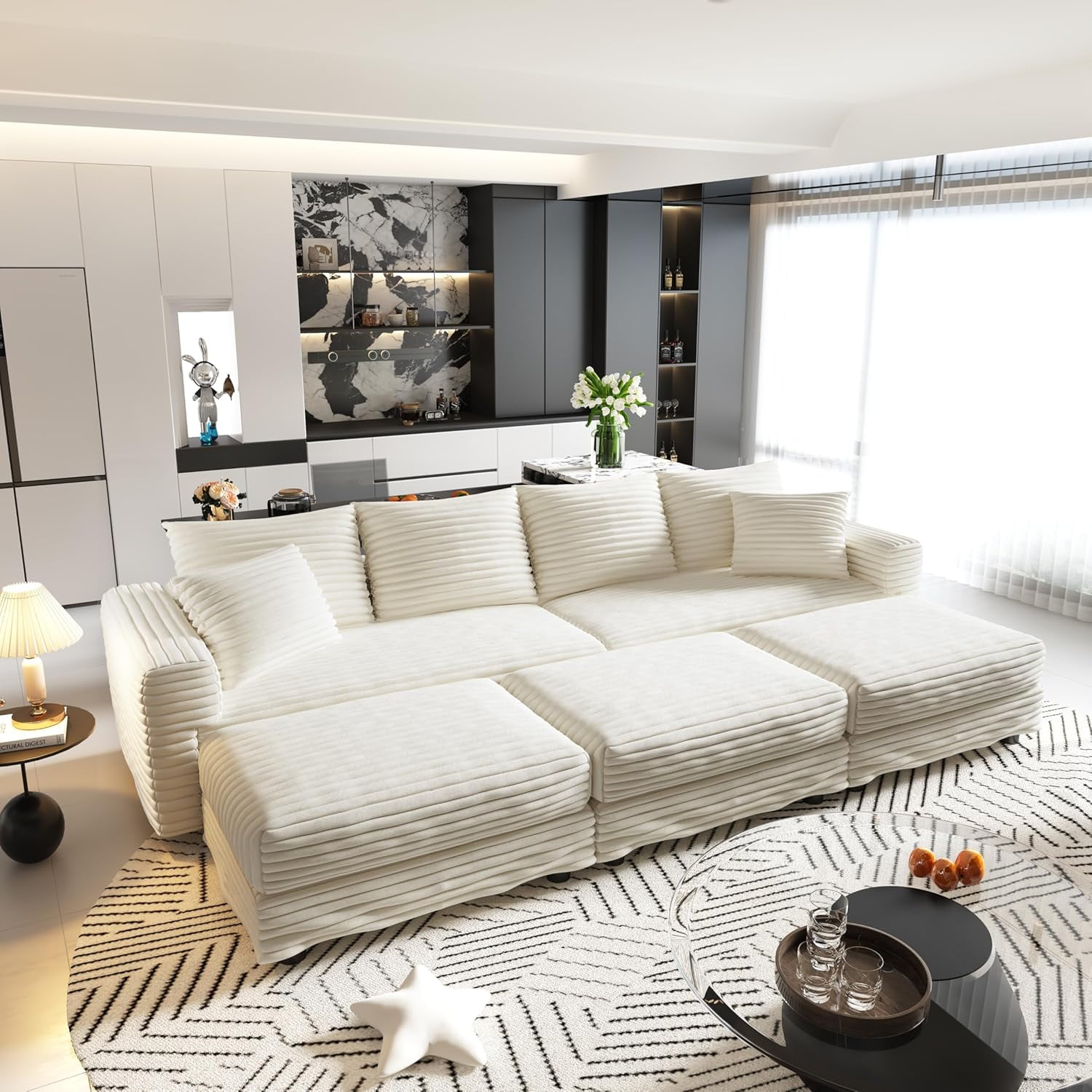 102.4'' Oversized Corduroy Couch, Modular Sectional Sofa with 3 Ottomans, Sleeper Sofa Bed Queen ...