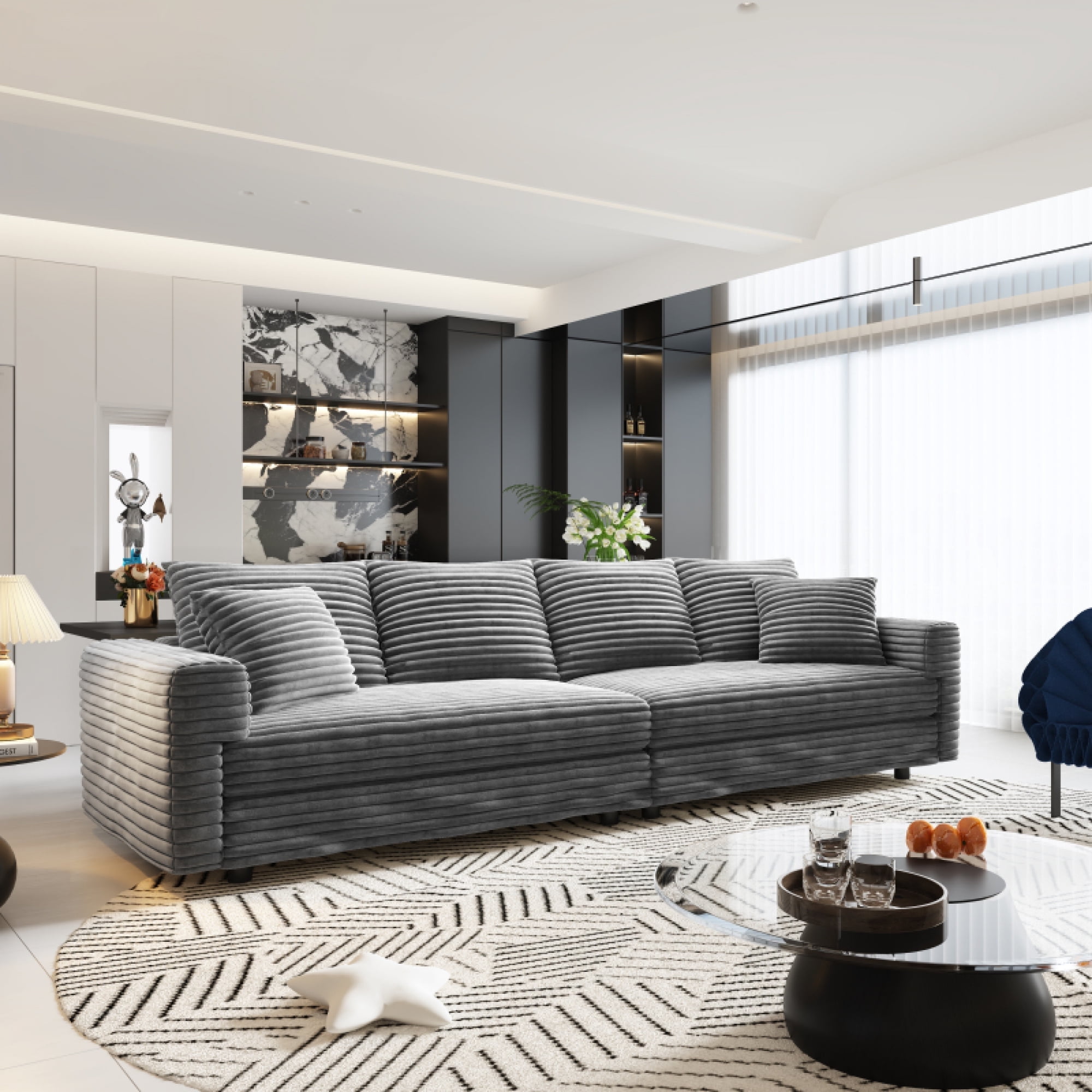 102.4 " Plush Corduroy 4-Seat Sofa,Modern Comfy Upholstered Sofa Cloud ...