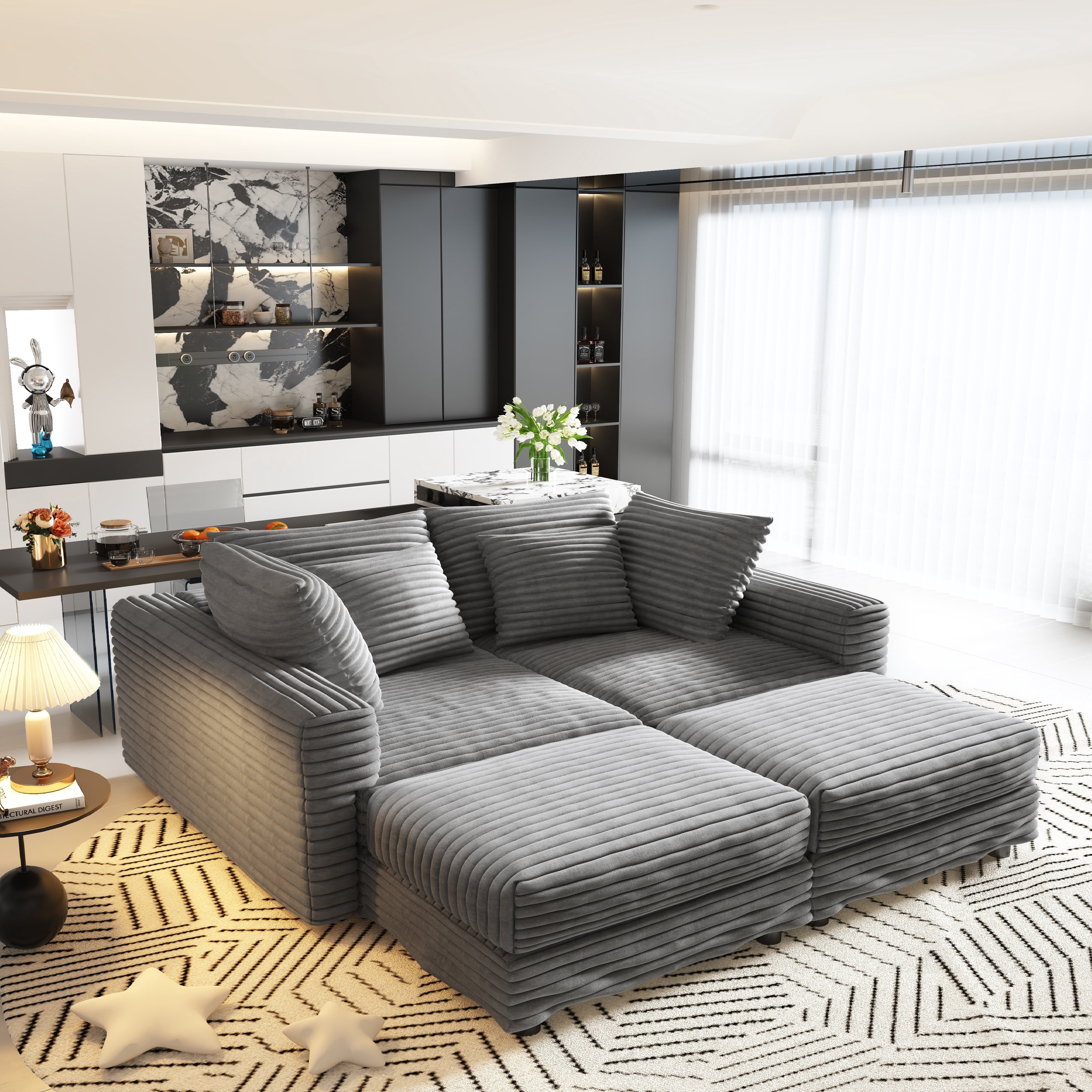 102.4" Plush Corduroy 4-Seat Sofa in Grey - Modern Cloud Couch with 3 ...
