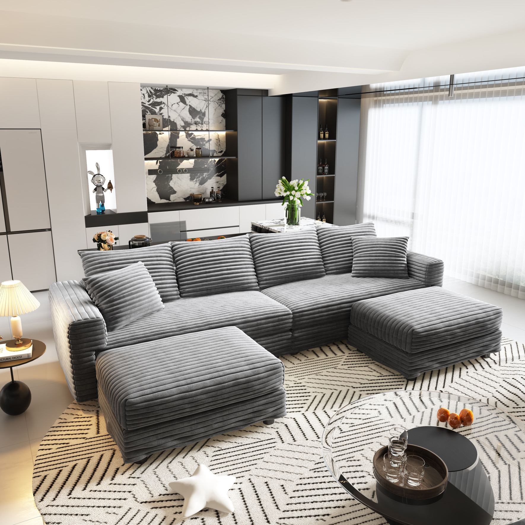 102.4''U Shape Corduroy 4 Seat Sofa,Modern Comfy Upholstered Sofa with ...