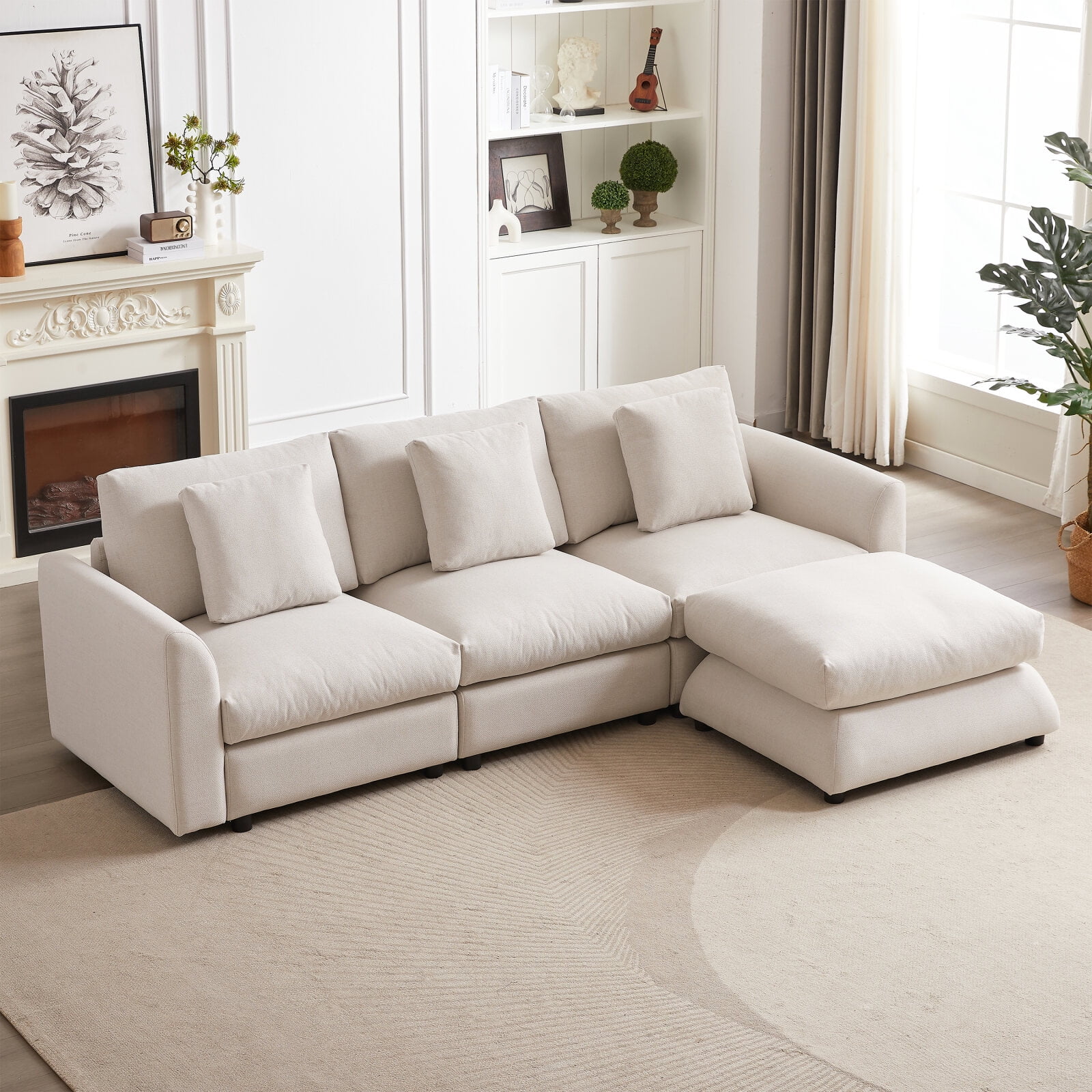 102" Cloud Modular Sofa with 3 Pillows & 3 Cushions, Modern L Shaped ...
