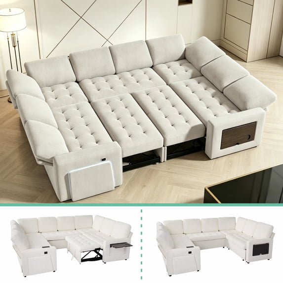 102" Convertible Sectional Couch with Pull-Out Sleeper Bed, Modular U ...