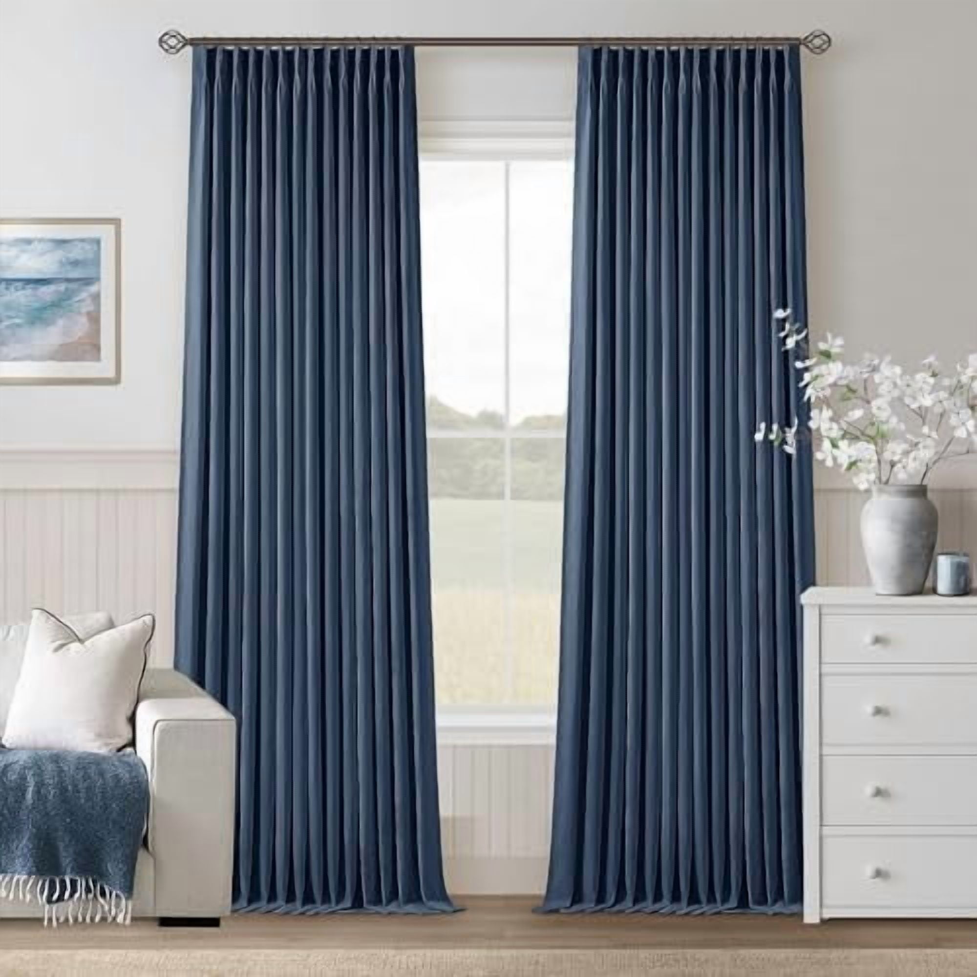 102 Inches Long Pinch Pleated Linen Blackout Curtains for Bedroom Back Tab Track Memory Trained ...