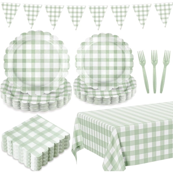 102 PCS Camp Themed Party Kit, Gingham Plates Napkins Cups Tablecloths ...