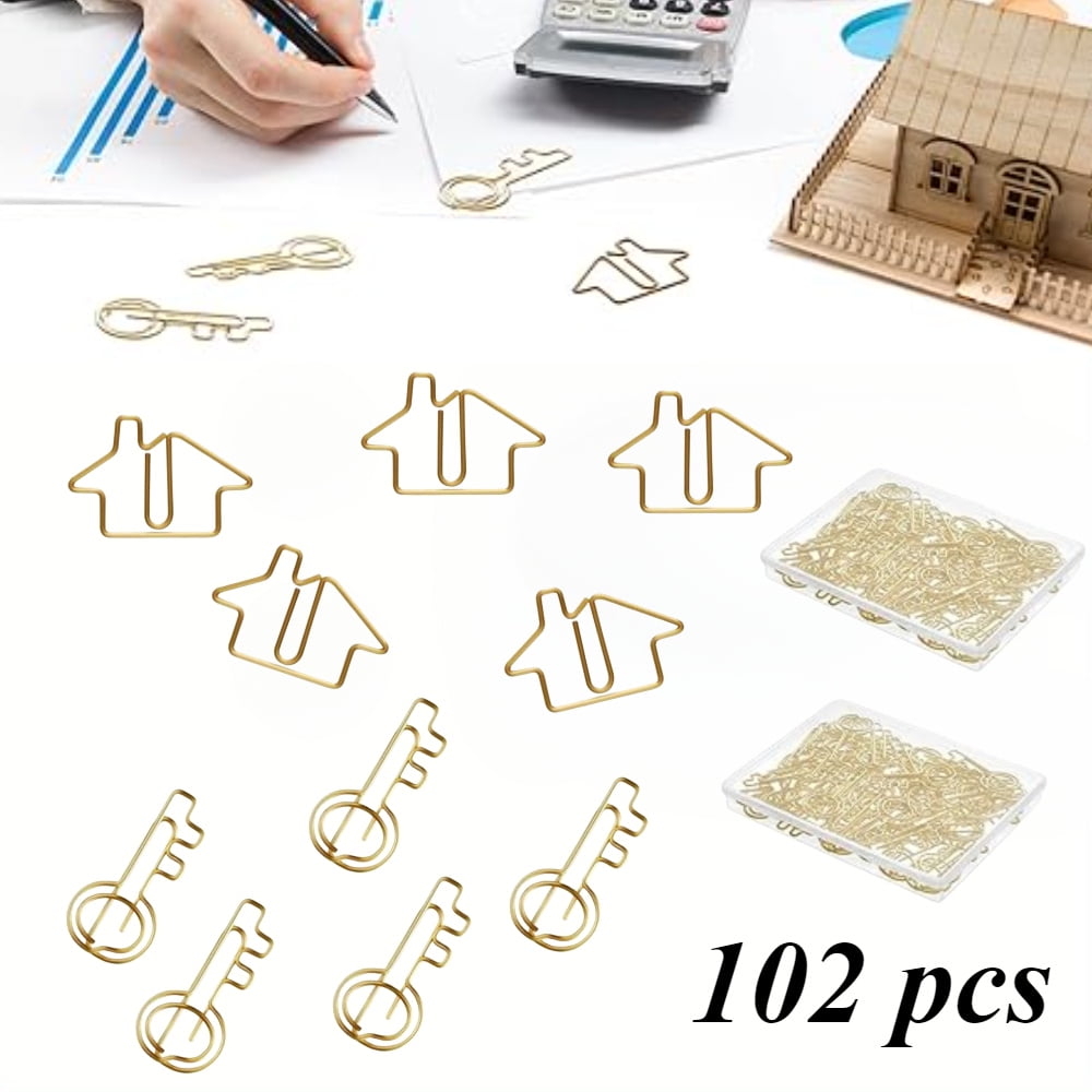 102 Pcs Real Estate Theme Supplies, Gold House & Key Shaped Paper Clips ...