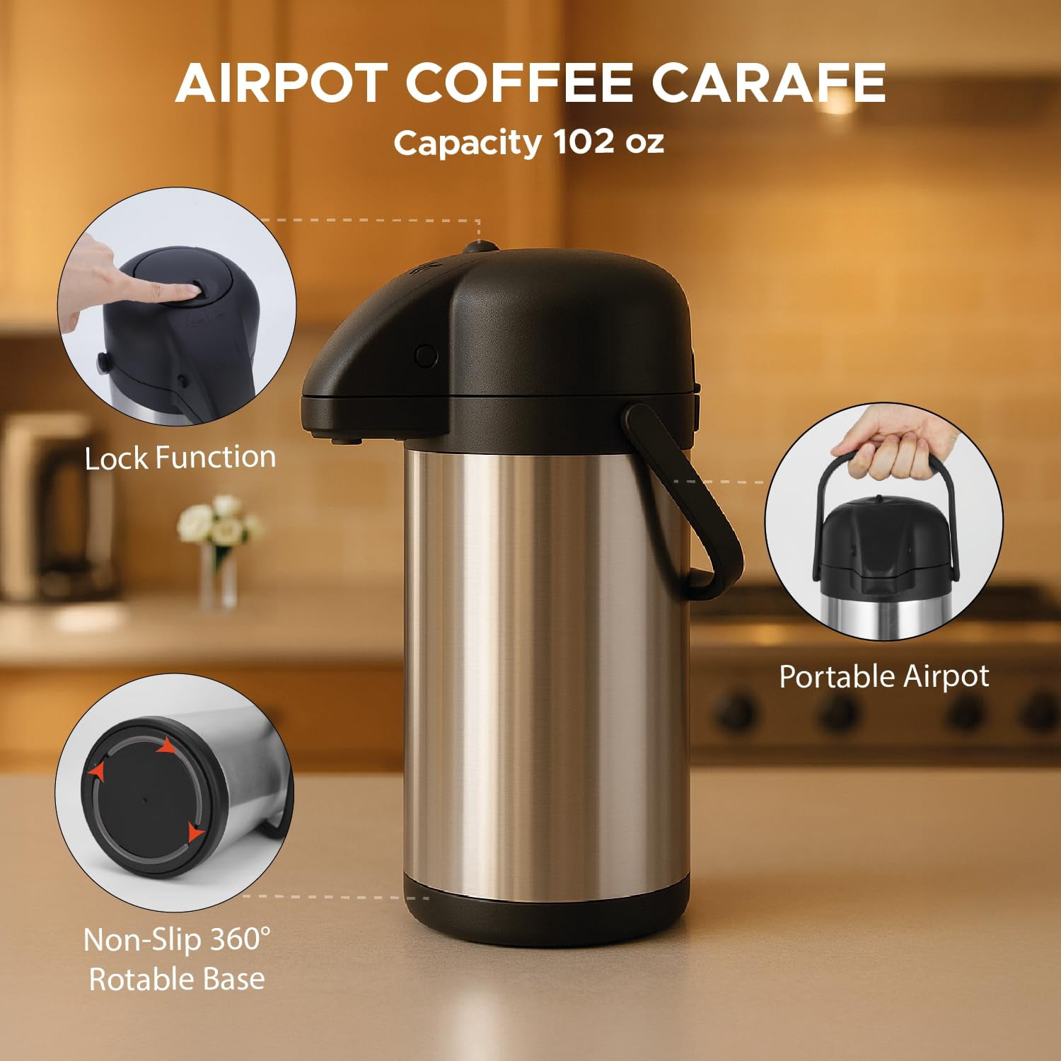 102 oz (3L) Thermal Coffee Carafe Airpot Dispenser with Pump | Double ...
