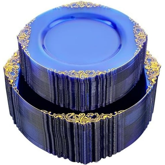 102PCS Blue Plastic Plates - Royal Gold Disposable Plates - Clear Blue ...
