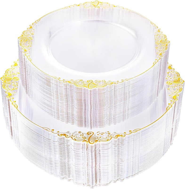 102PCS Clear Gold Plastic Plates - Clear Disposable Plates with Gold ...