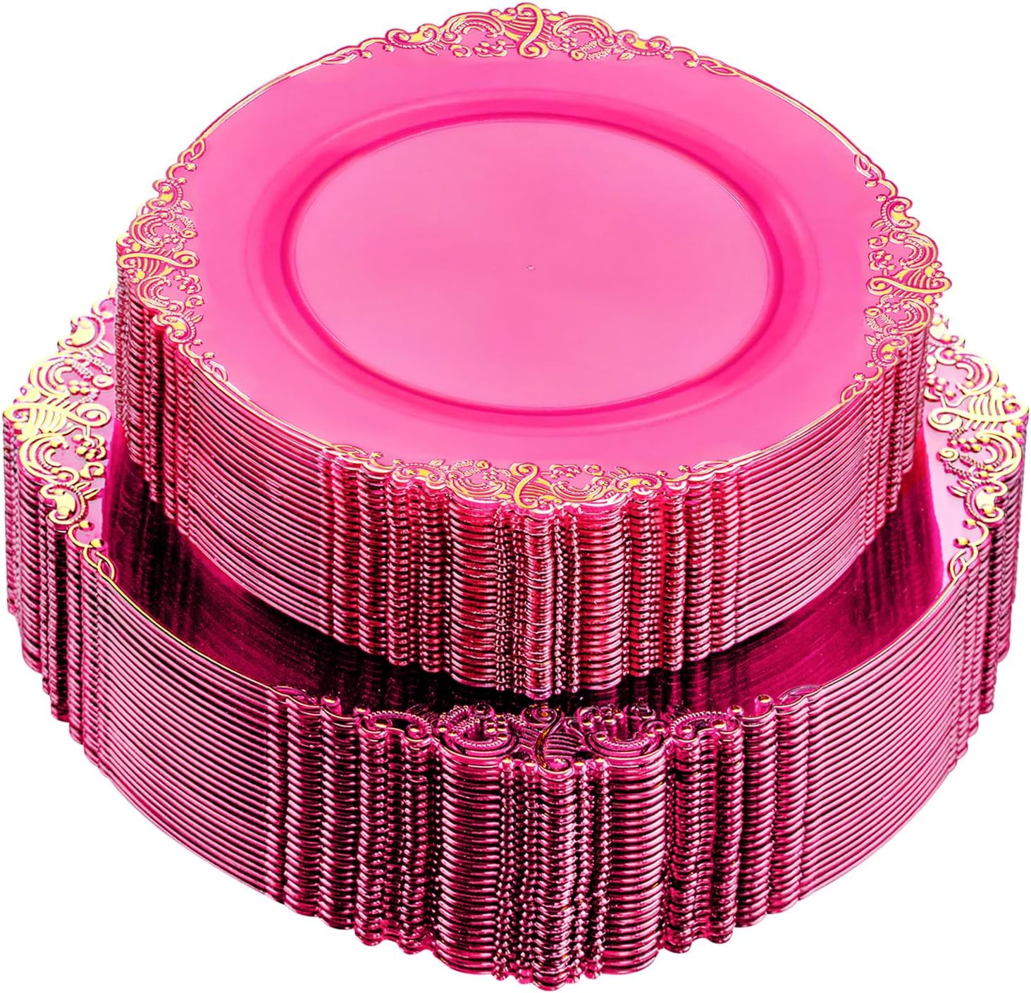 102PCS Hot Pink Plastic Plates - Pink Disposable Plates with Gold Rim ...