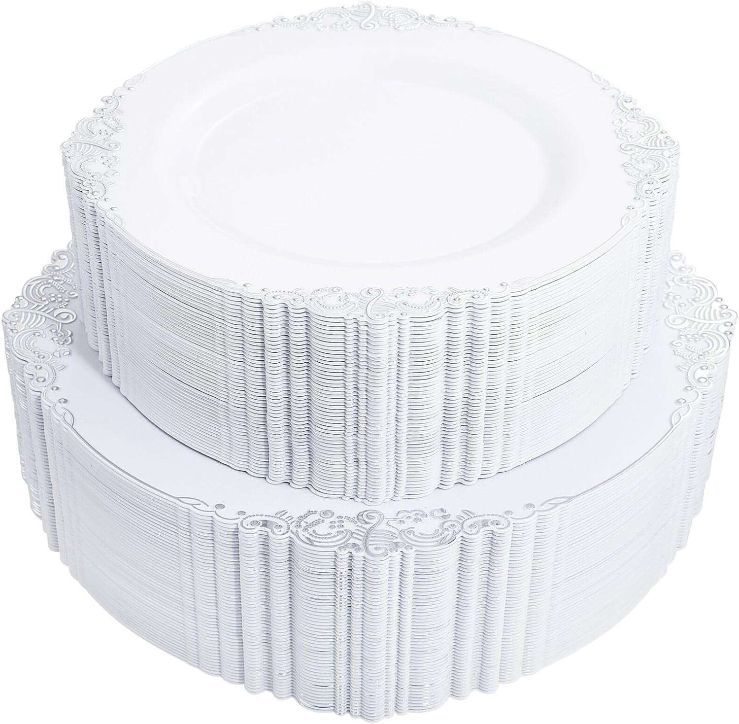 102PCS White and Silver Plastic Plates - Heavyweight Silver Disposable ...