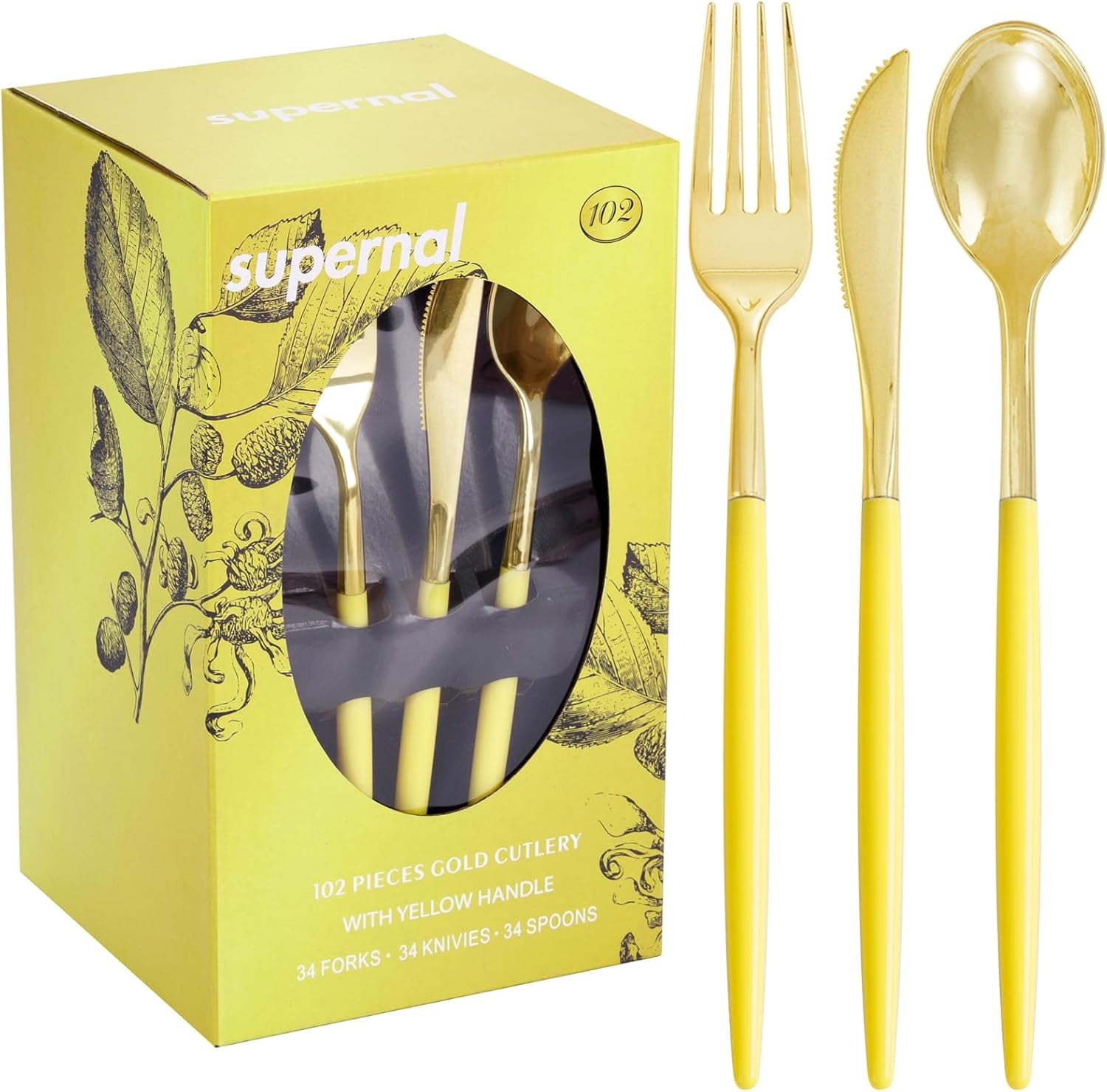 102Pcs Gold Plastic Silverware, Gold Disposable Utensils with Yellow ...