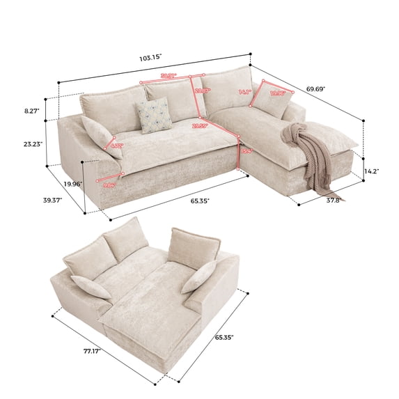 103 " L Shaped Modular Couch, Cloud Boneless Couch with Deep Seats ...