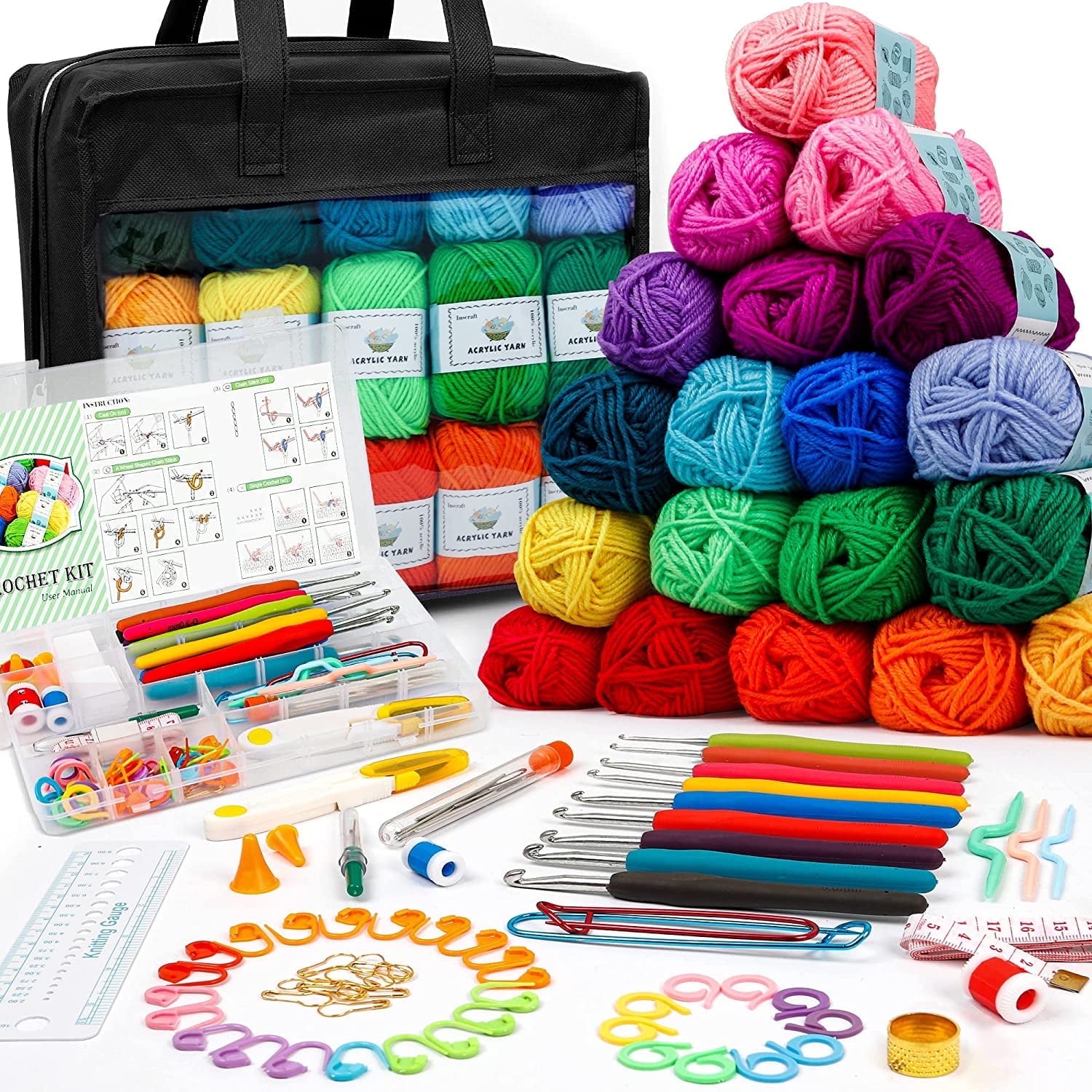 INSCRAFT Crochet Kit with 30 Bright Acrylic Yarn Colors 73 Yards Each ...