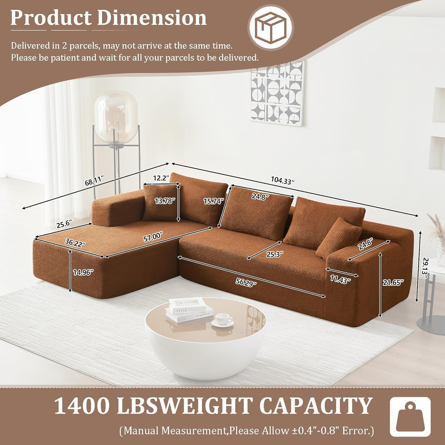 104.33" L Shaped Sponge Sectional Couch with Chaise Lounge, Modern ...