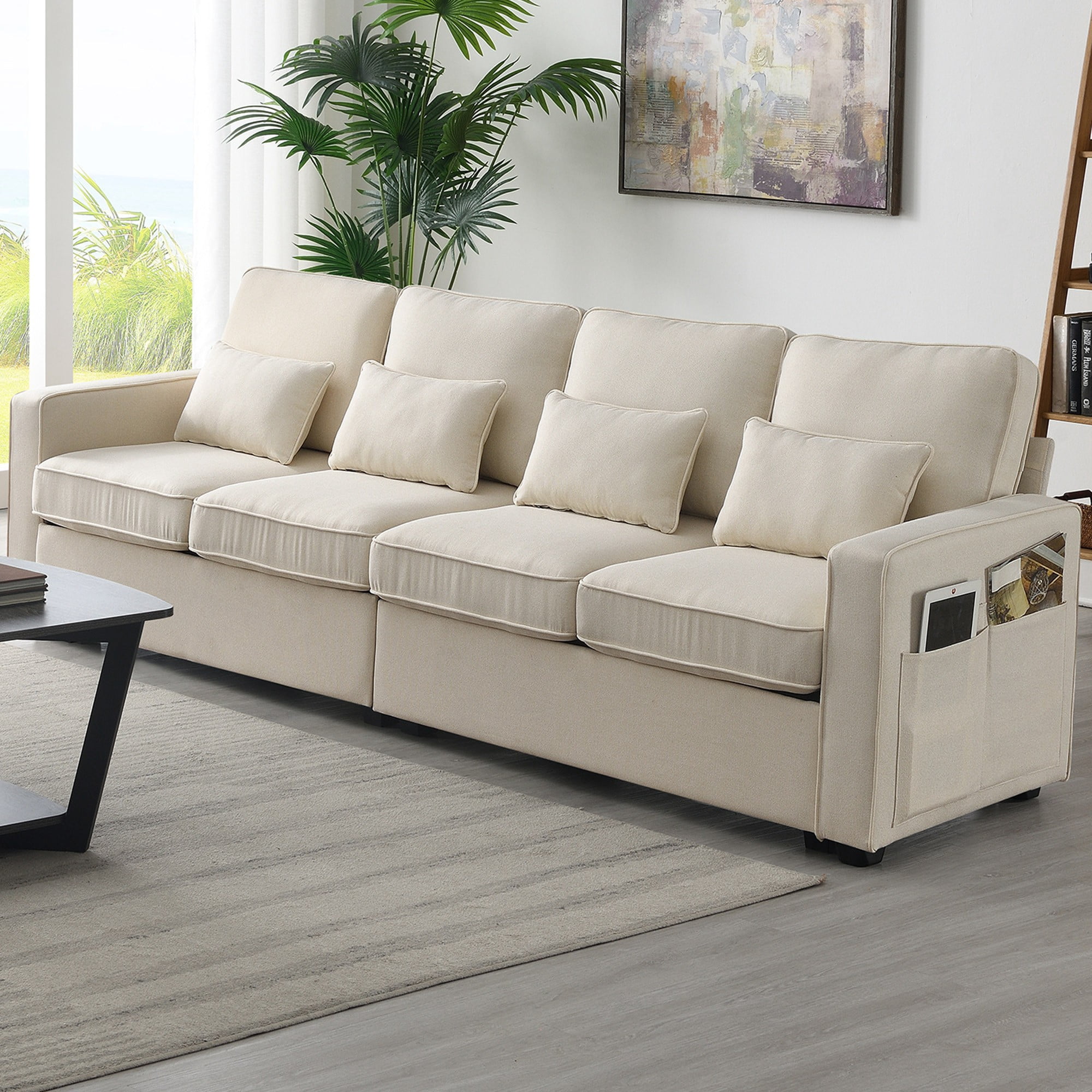 104" 4-Seater Modern Linen Fabric Sofa with Armrest Pockets and 4 ...