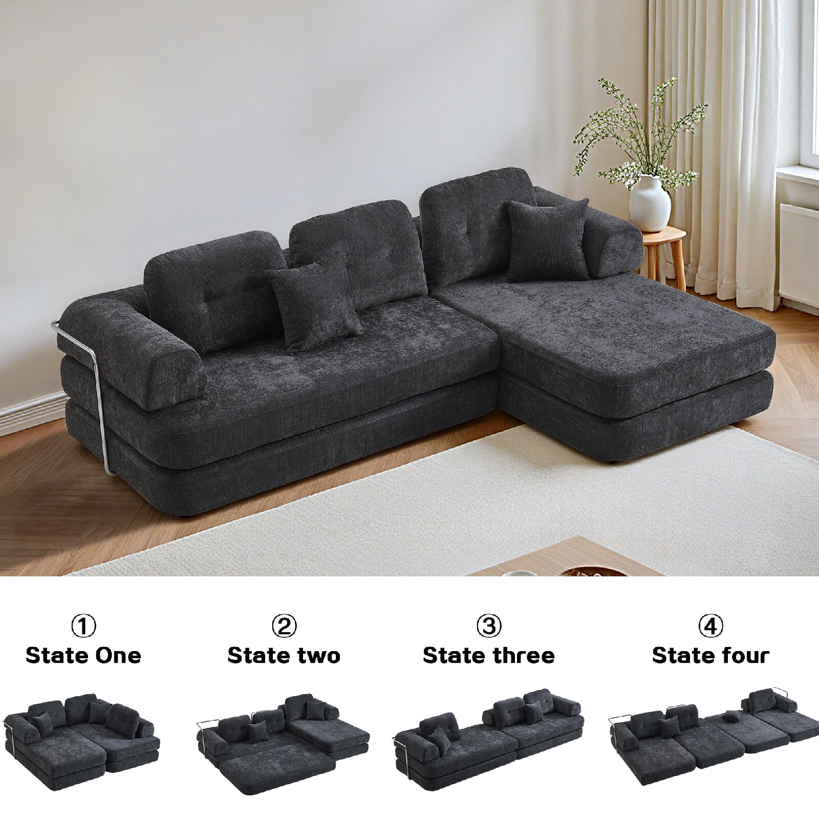 104" Boneless Sectional Compressed Sofa Couch with Chaise, Deep Seat ...