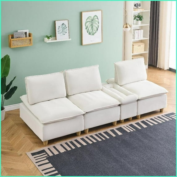 104-Inch Modern Minimalist 3-Seater Flannel Sofa with Storage, Cup ...
