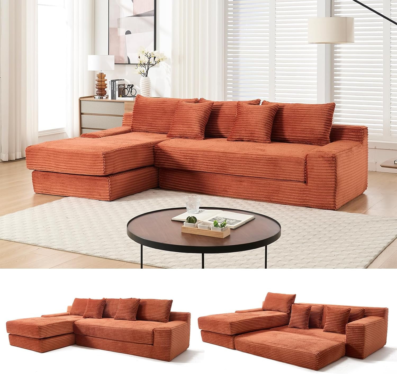 104" L-Shaped Modular Sectional Sofa with Chaise, Convertible Corduroy ...