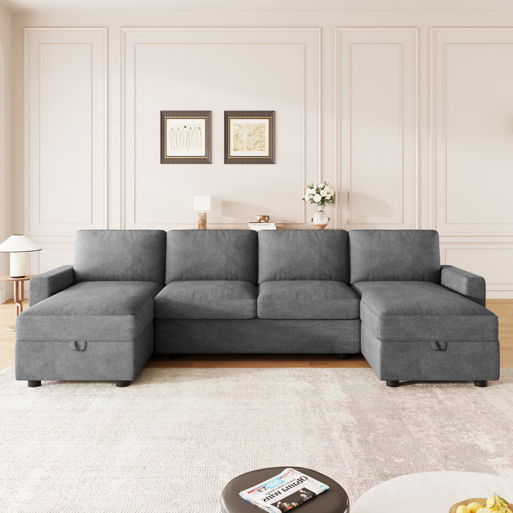 104" Modular Sectional Sofa with Two Storage Chaise Lounges and Four ...