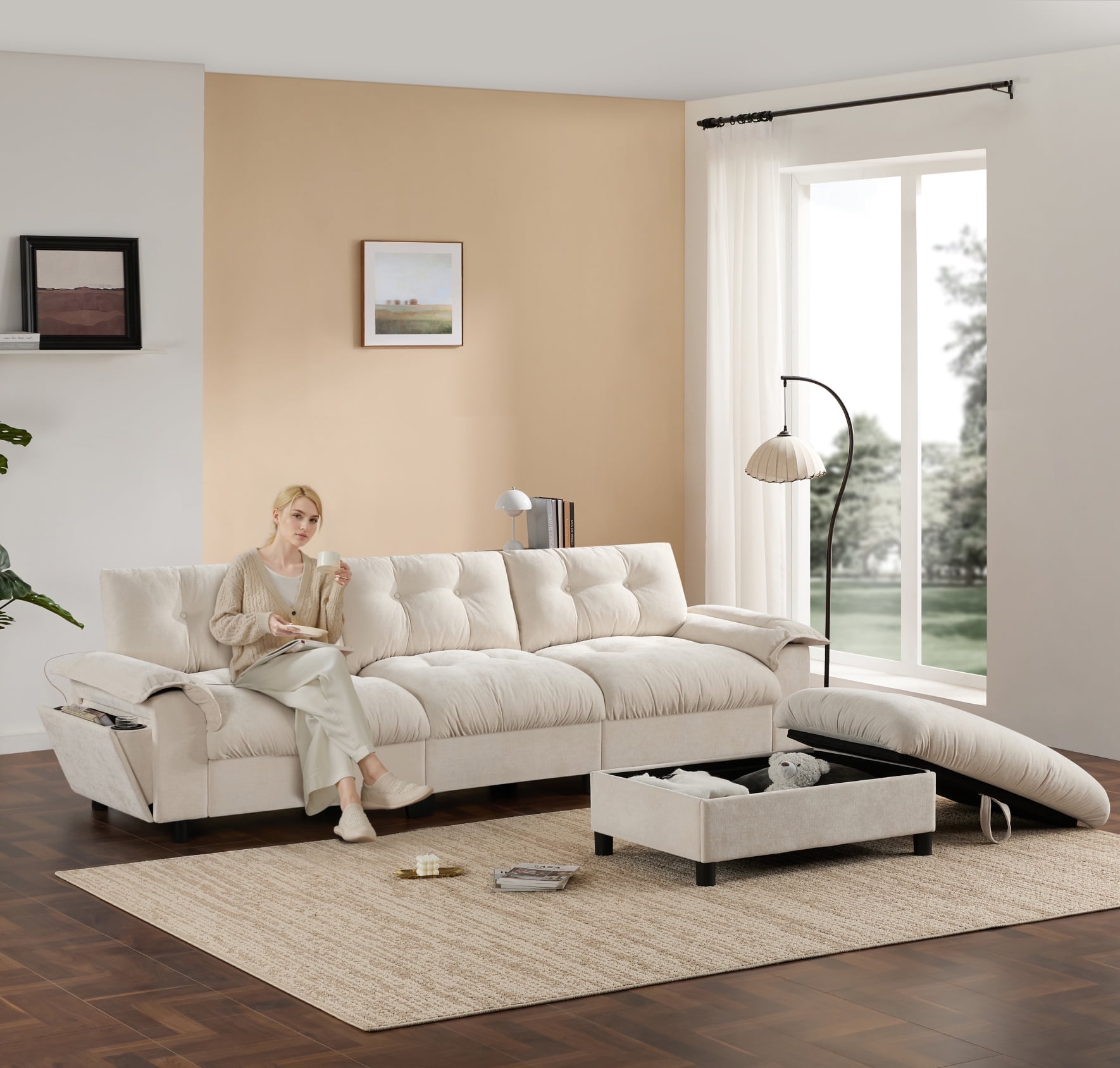 104" Modular Sectional Sofa with USB Ports and Cup Holder, Chenille L ...