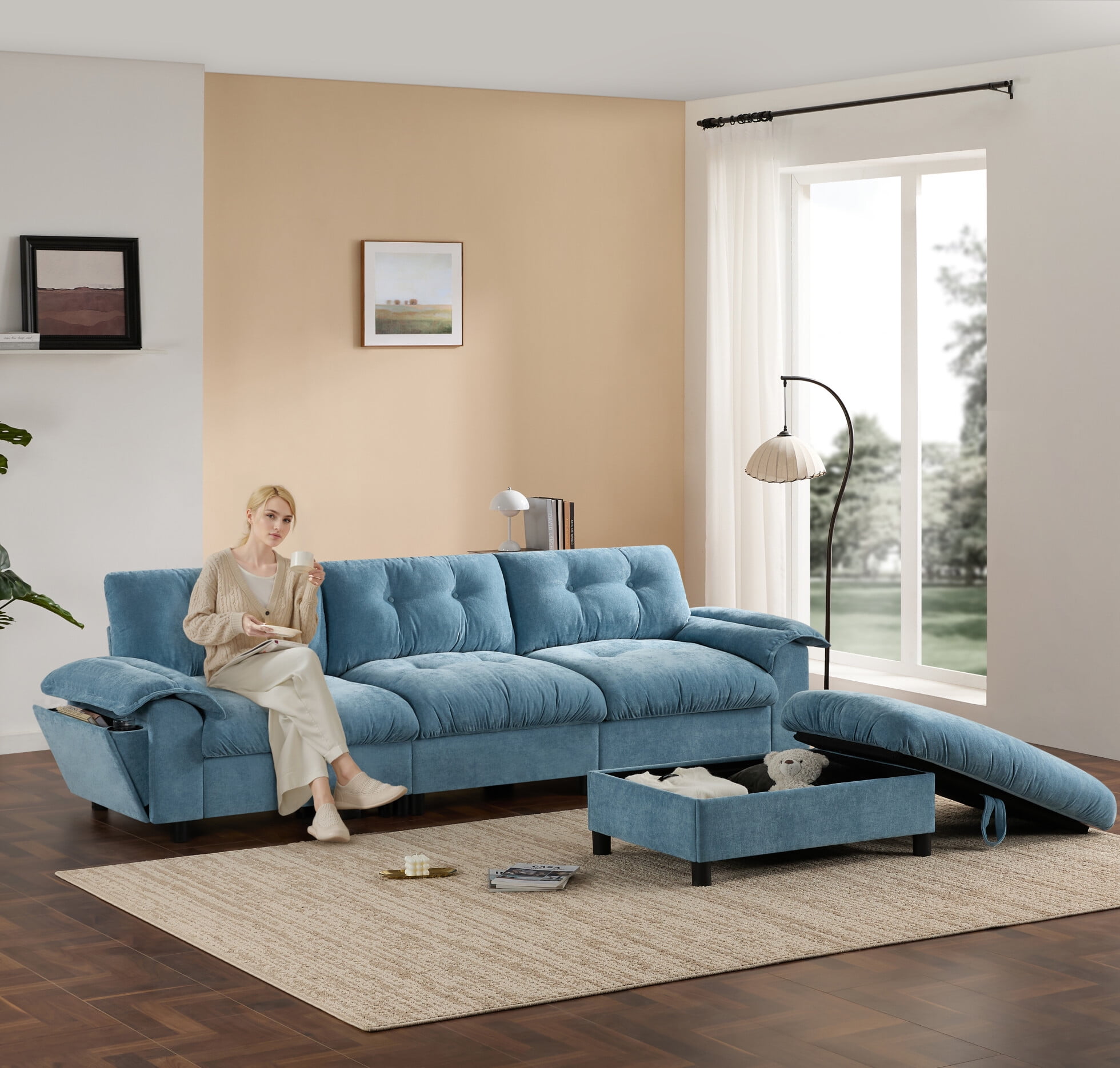 104" Modular Sectional Sofa with USB Ports and Cup Holder, Chenille L ...