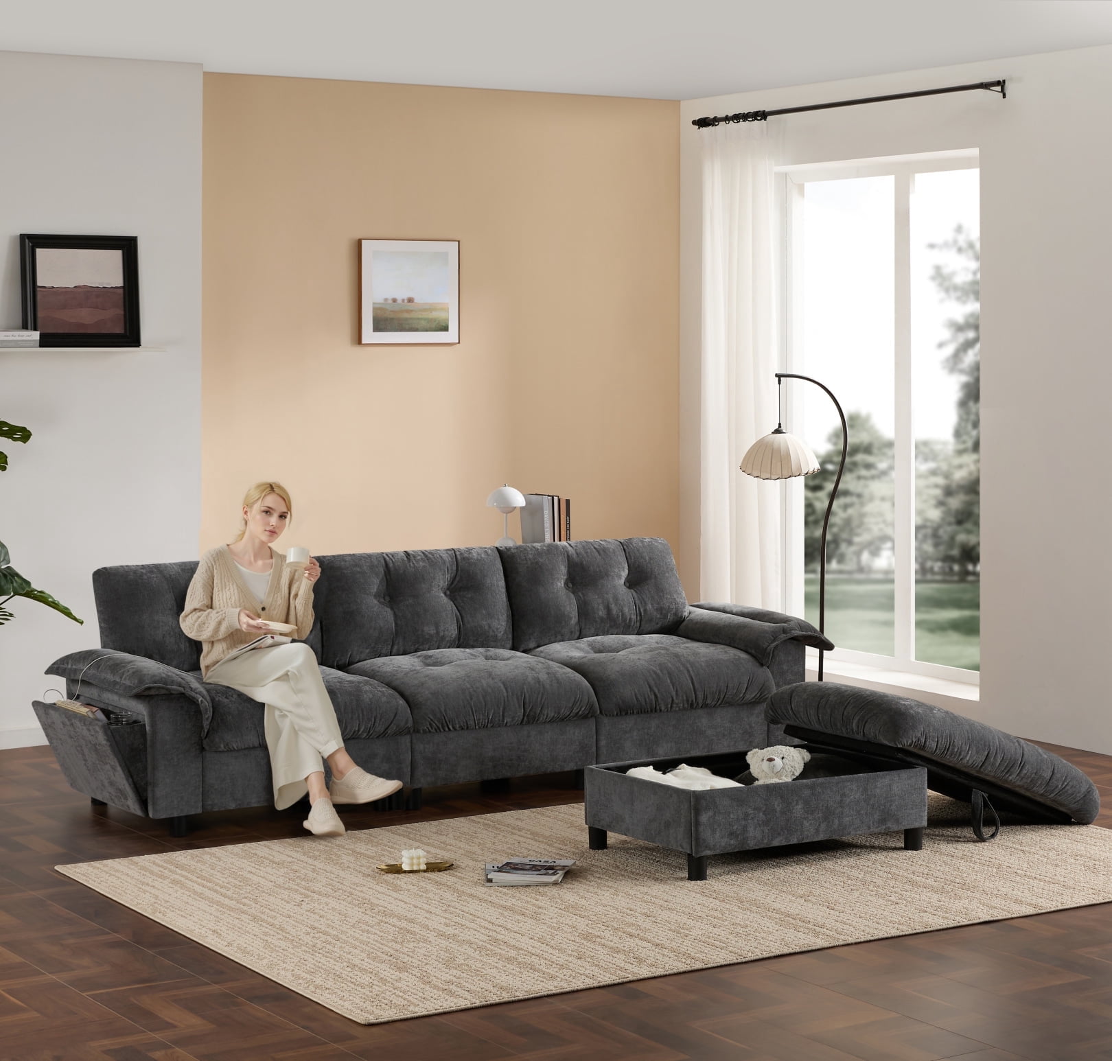 104" Modular Sectional Sofa with USB Ports and Cup Holder, Chenille L ...