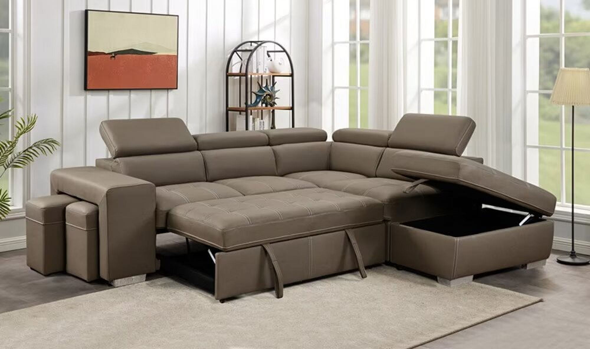 104'' Sectional Sleeper Sofa with Pull Out Bed, Storage Ottoman and 2 Stools, Oversized L-Shaped ...
