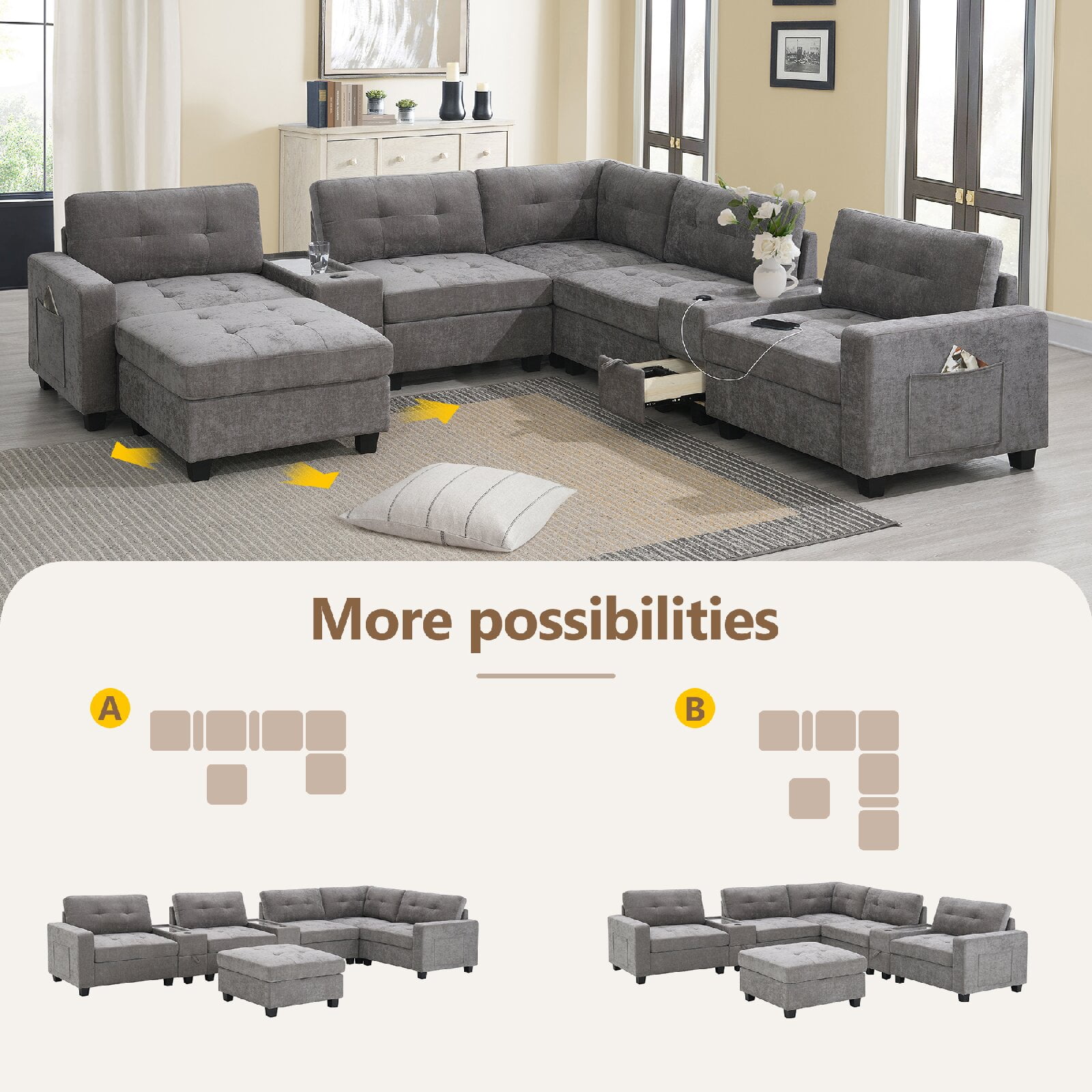 104'' Sectional Sofa with Acrylic Table Top,Chenille U Shaped Couch Set ...