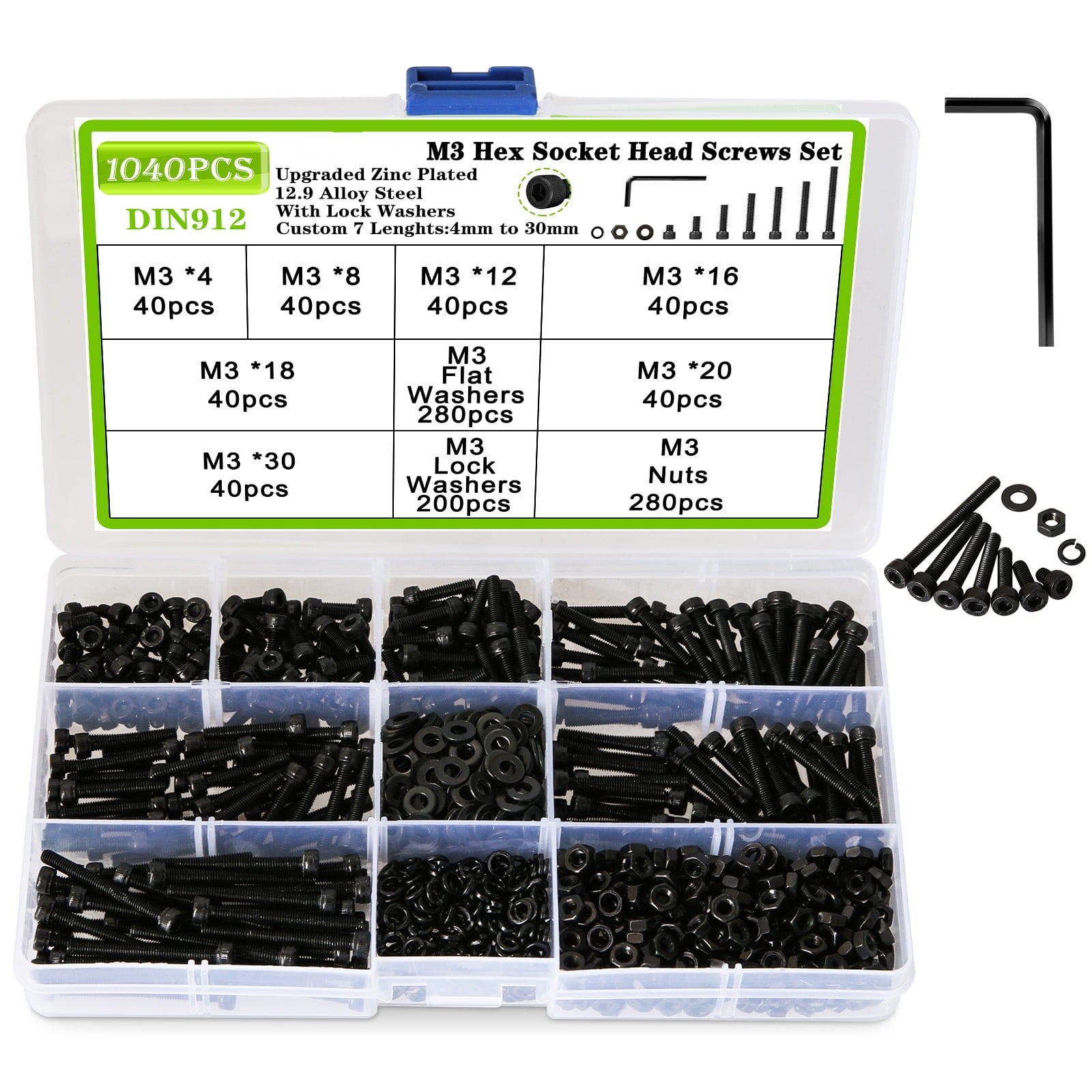 1040PCS M3 Nut and Bolt Assortment Kit, 12.9 Alloy Steel Hex Socket ...