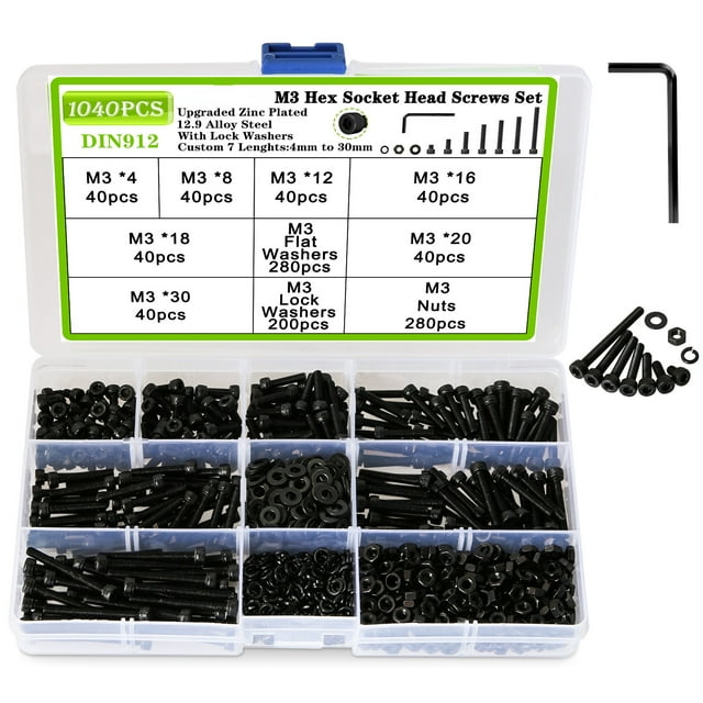 1040PCS M3 Nut and Bolt Assortment Kit, 12.9 Alloy Steel Hex Socket Head Cap Metric Machine ...