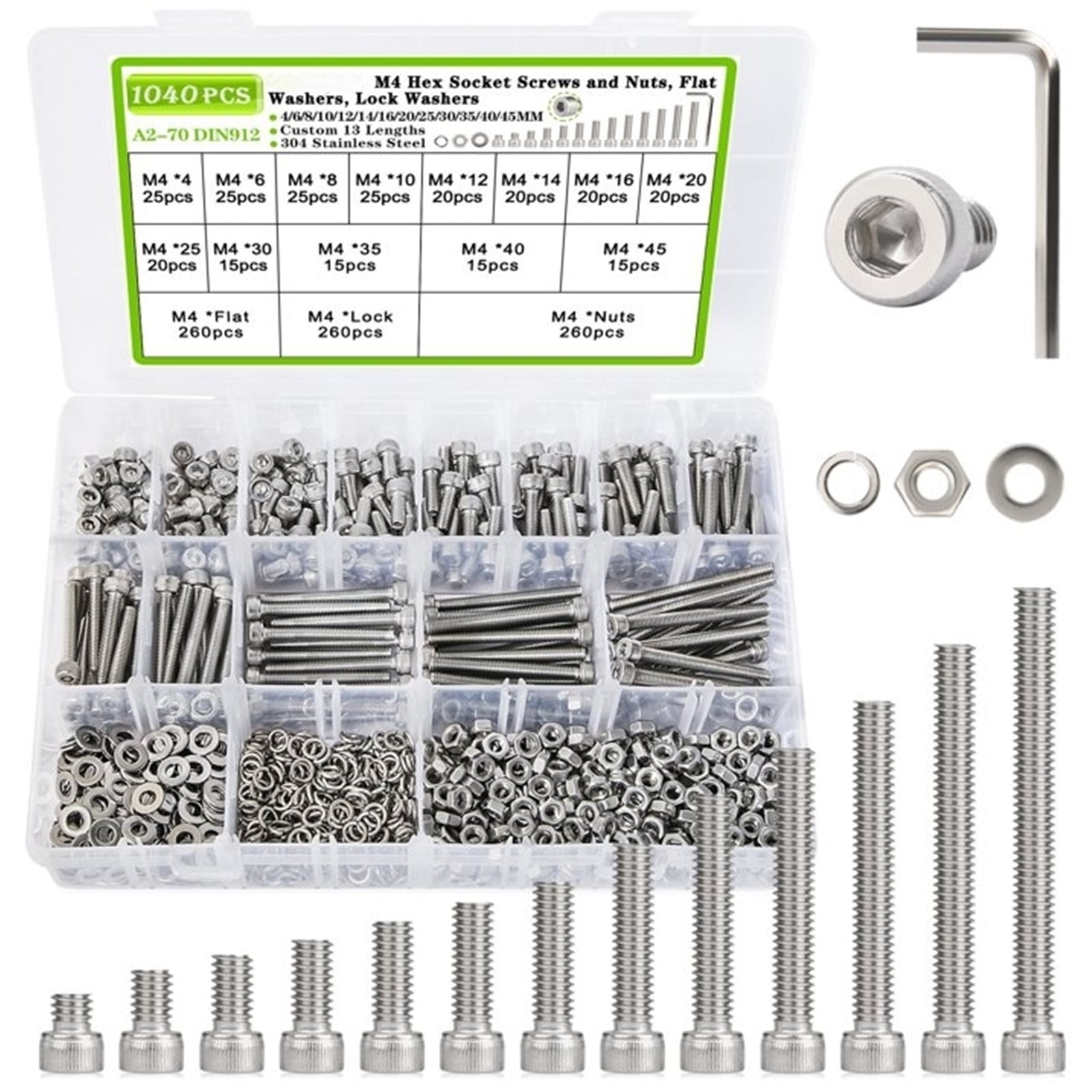 1040PCS M4 Nuts and Bolts Assortment Kit, 4mm-45mm Hex Socket Head Cap Machine Screws Bolts and ...