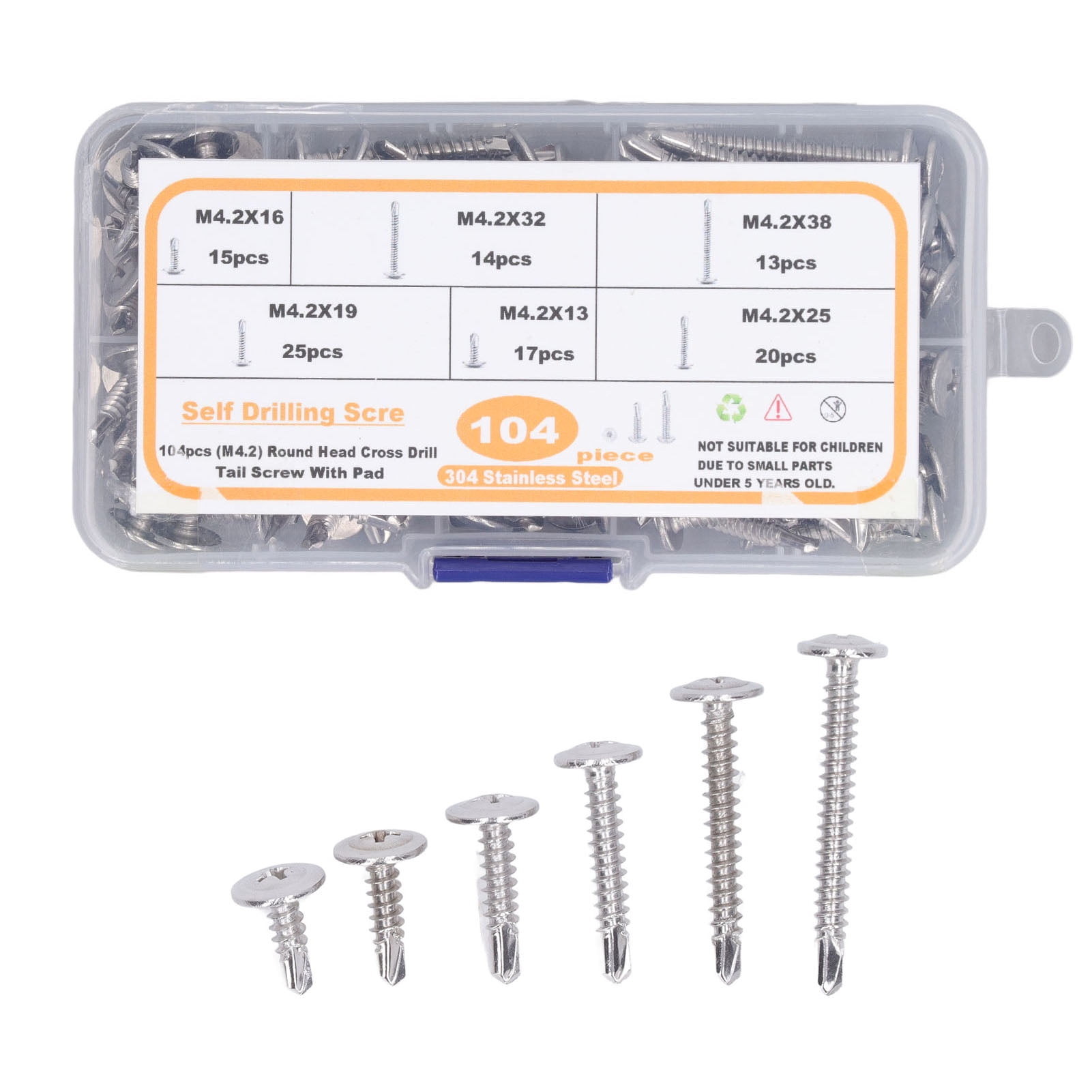 104Pcs Round Head Cross Drill Tail Screw Carbon Steel Self Drilling ...