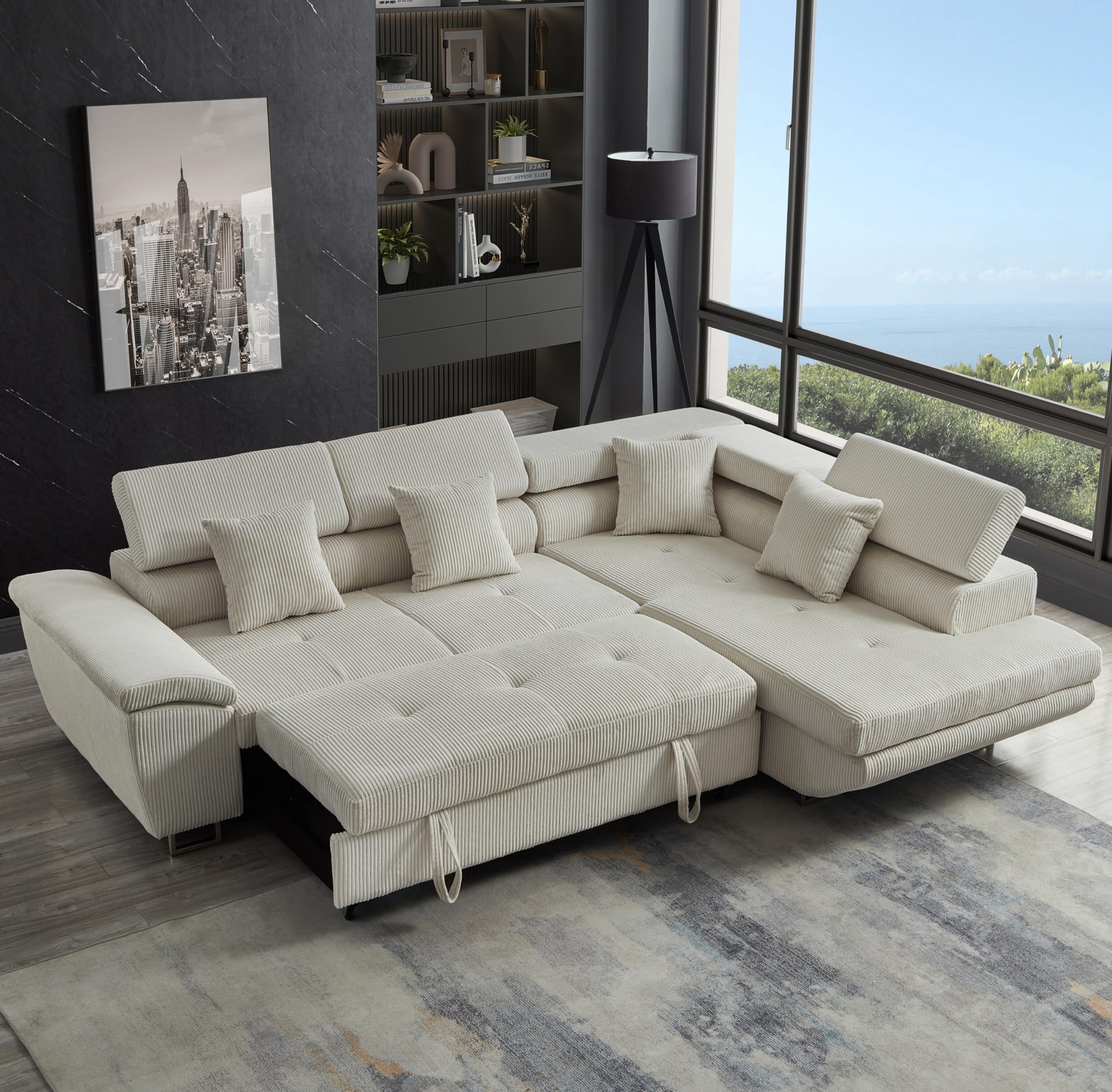 105.8" Luxury Sleeper Sofa Bed with Pull Out Couch Bed,Right Corner ...