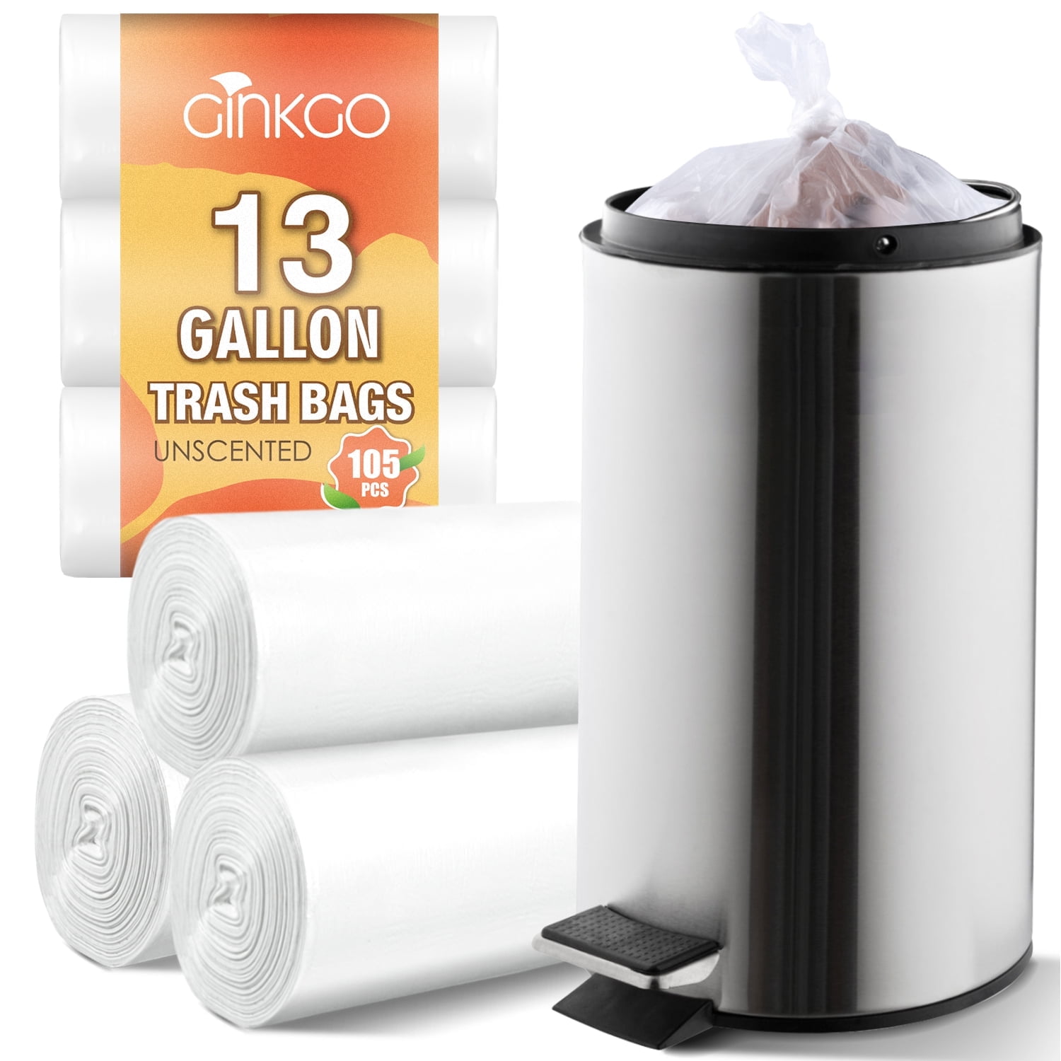 Ginkgo 13 Gallon Trash Bags, Kitchen Tall Garbage Bags, White ...