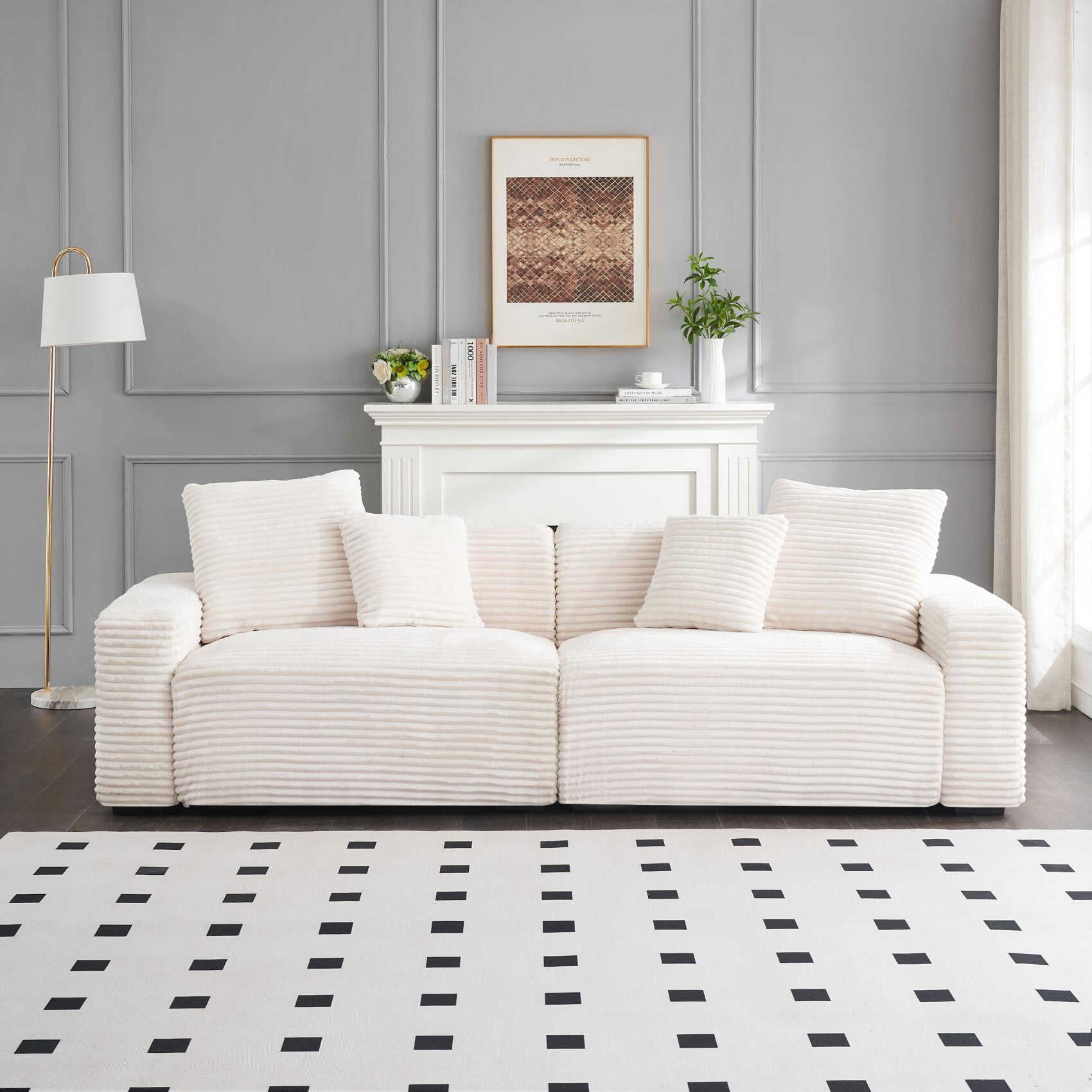 105-Inch Oversize Sofa, Corduroy Deep Seat Couch with 4 Throw Pillows ...