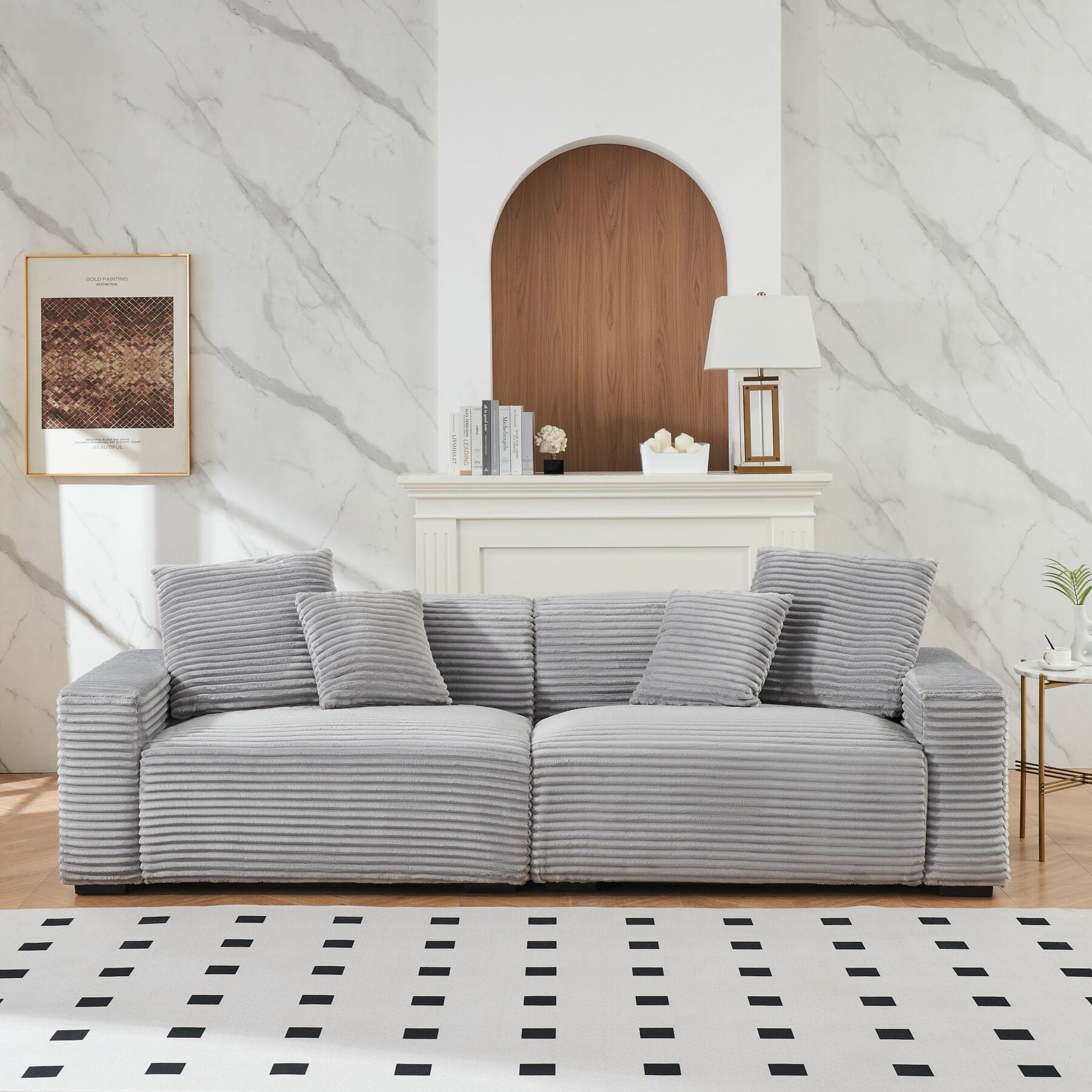 105-Inch Oversize Sofa, Corduroy Deep Seat Couch with 4 Throw Pillows ...