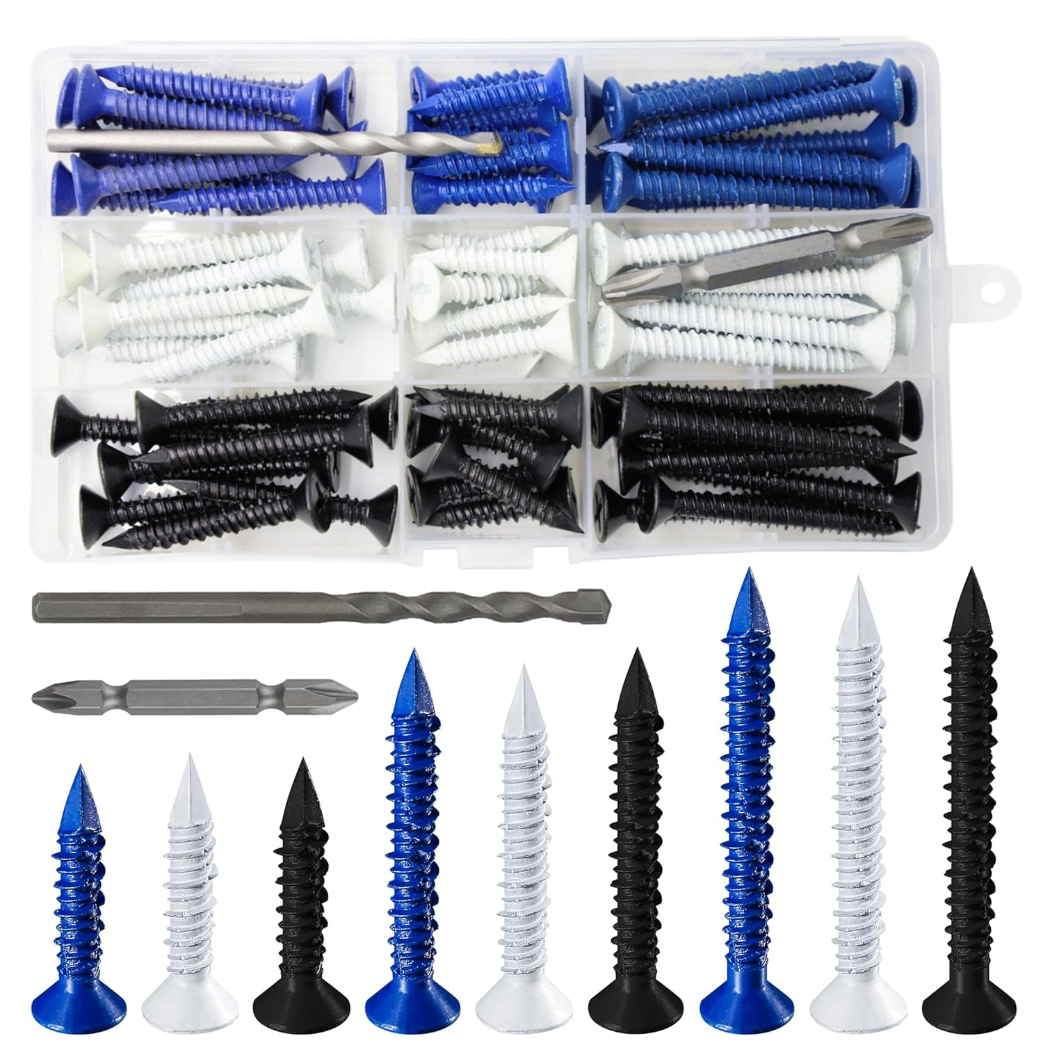 (105 PCS) 3/16" Concrete Screw Anchor Kit Blue/Black/White Flat Head ...