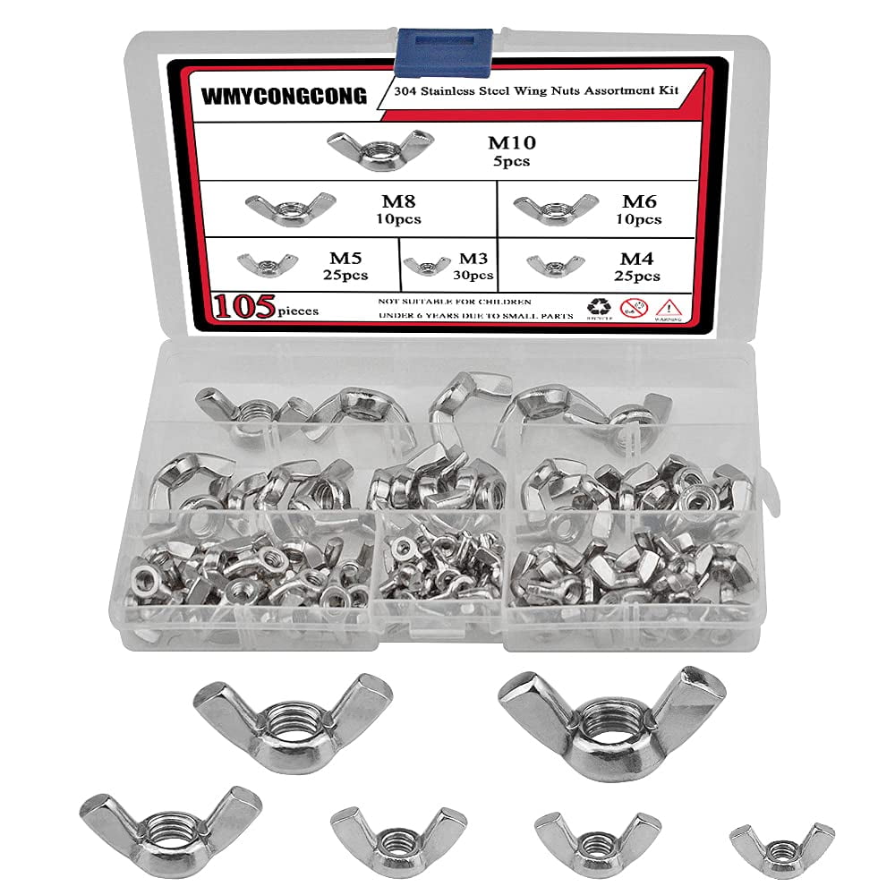 105 PCS Wing Nuts Fasteners Stainless Steel Butterfly Nuts Assortment ...