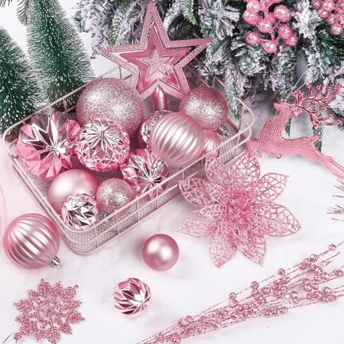 105 Pcs Christmas Tree Decorations Set, Assorted Shatterproof Pink ...