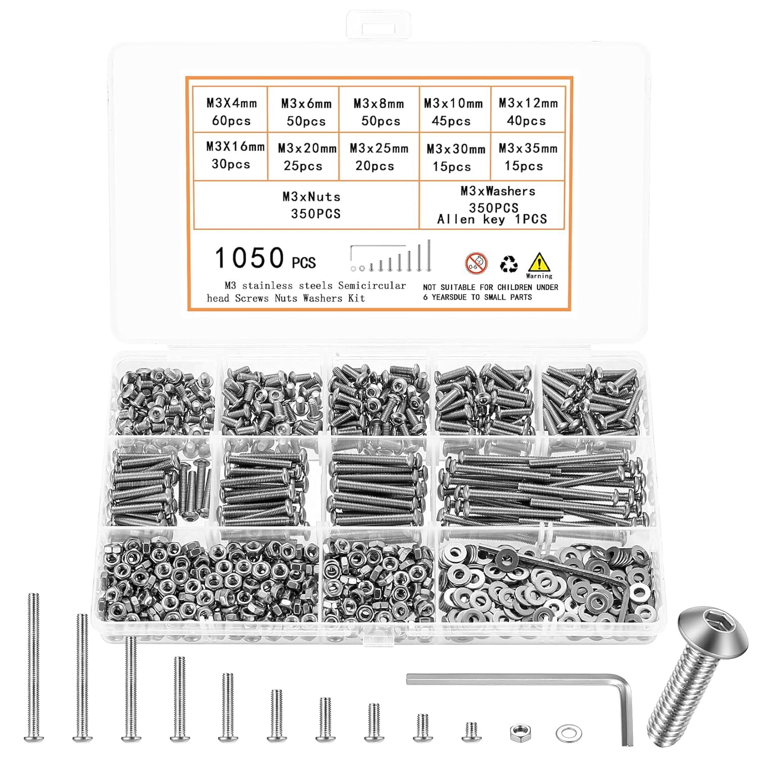 1050 Pcs M3 Screws Kit, M3 Machine Screws and Nuts and Washers Set ...