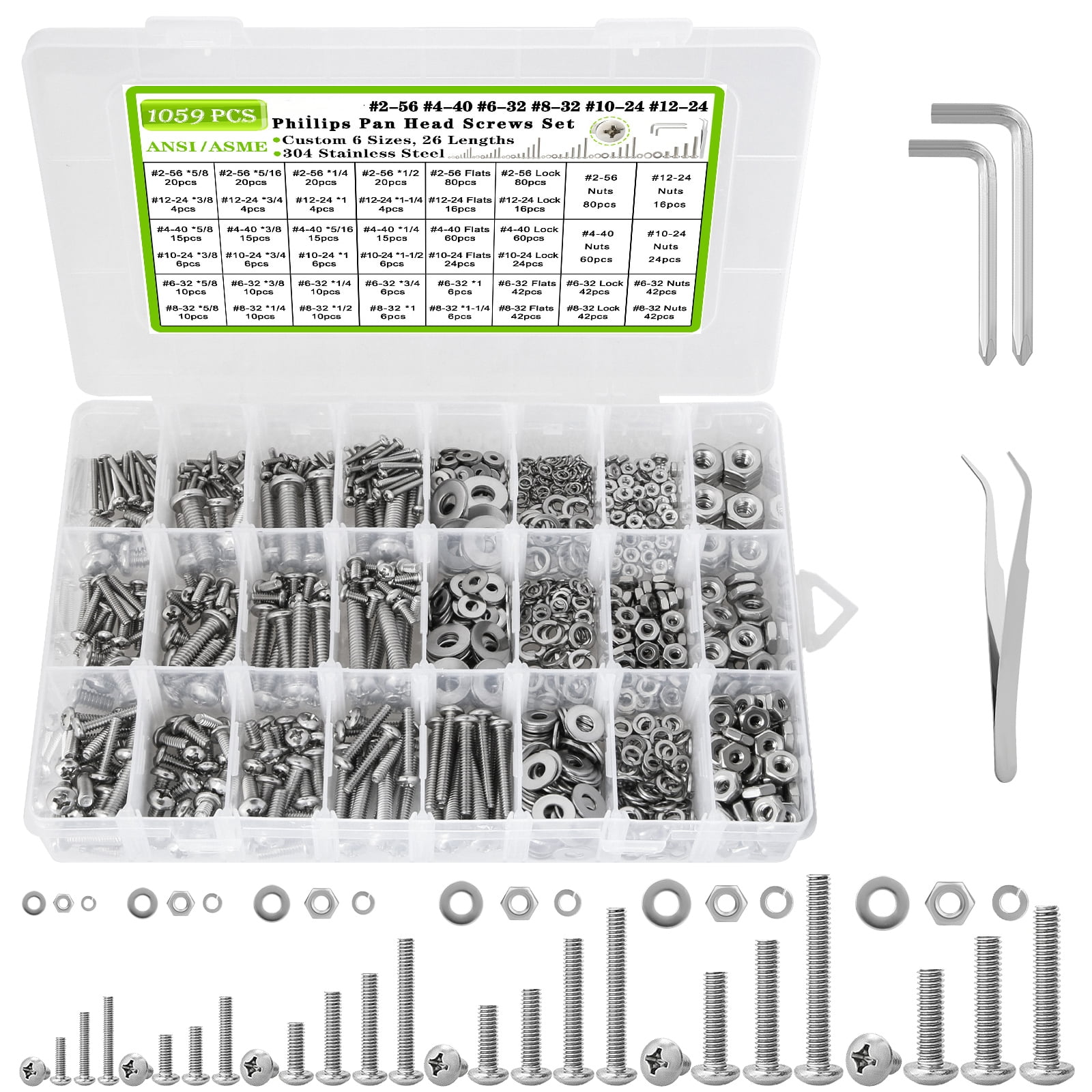 1059Pcs Nuts and Bolts Assortment Kit Phillips Pan Head Machine Screws ...