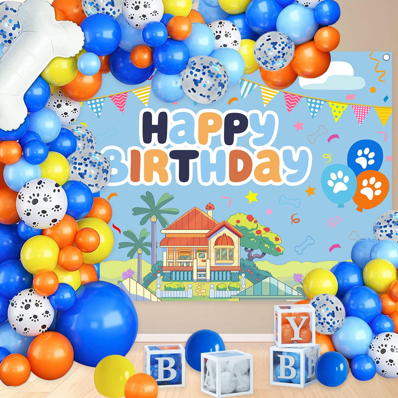 105Pcs Blue and Orange Party Balloon KKS1 Garland Arch Kit, Cartoon Dog ...