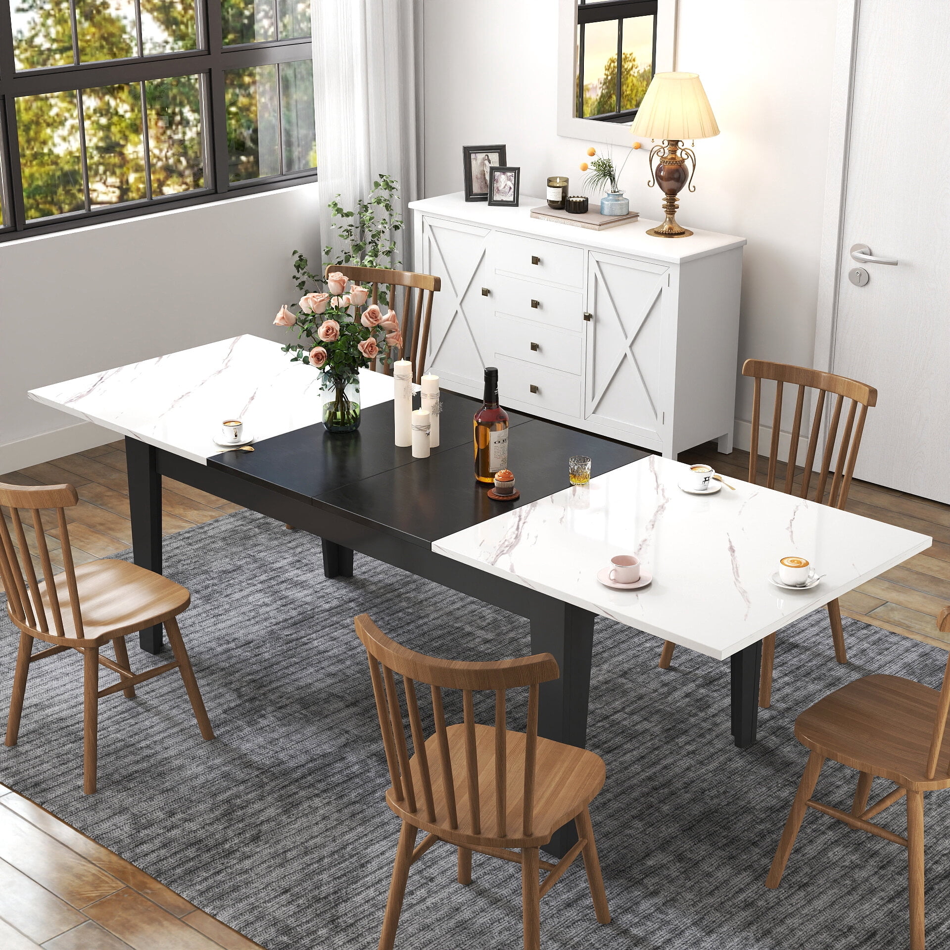 106.3 inch Large Extendable Dining Table for Small Space, White Line ...